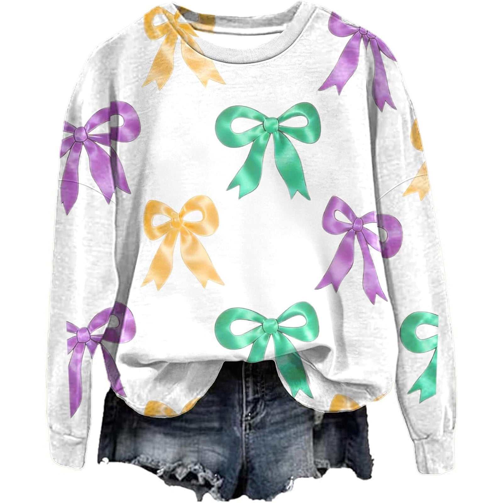 XIAOCHA Women Mardi Gras Crewneck Sweatshirt Drop Shoulder Bow Print ...
