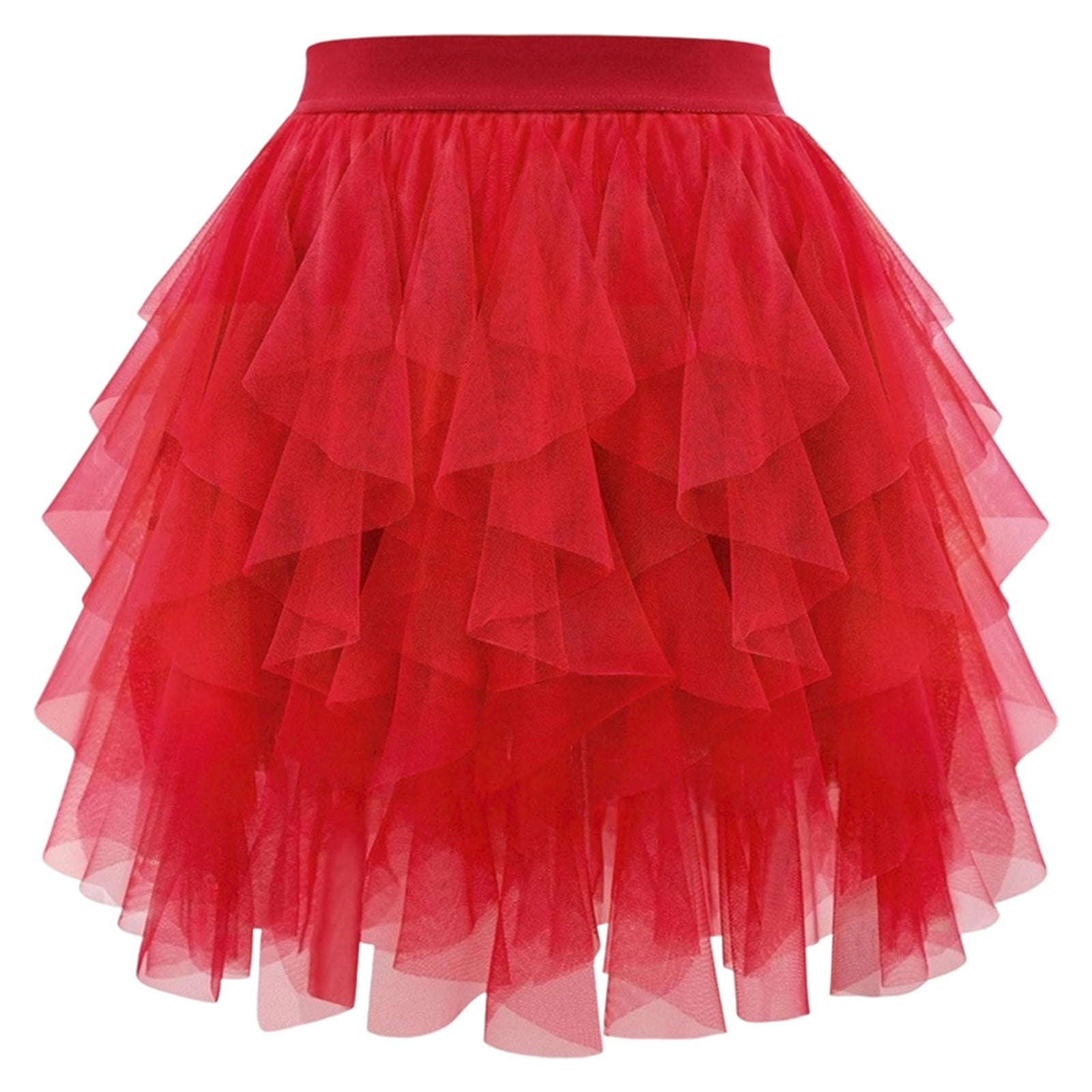 XIAOCHA Women Solid Ruffled Tulle Mini Skirt Asymmetrical Layered Mesh ...