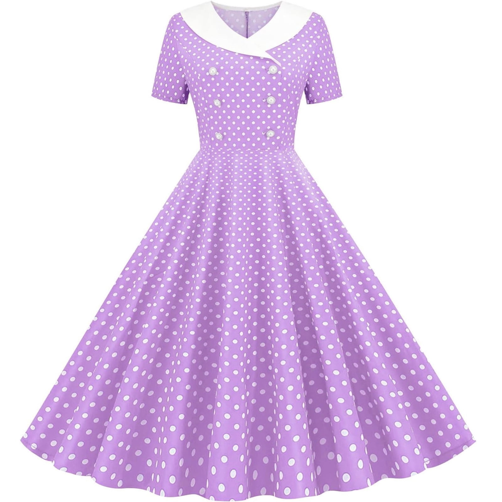 XIAOCHA Women's Dot Dress Flared Buttoned Short Sleeve Peter Pan Neck ...
