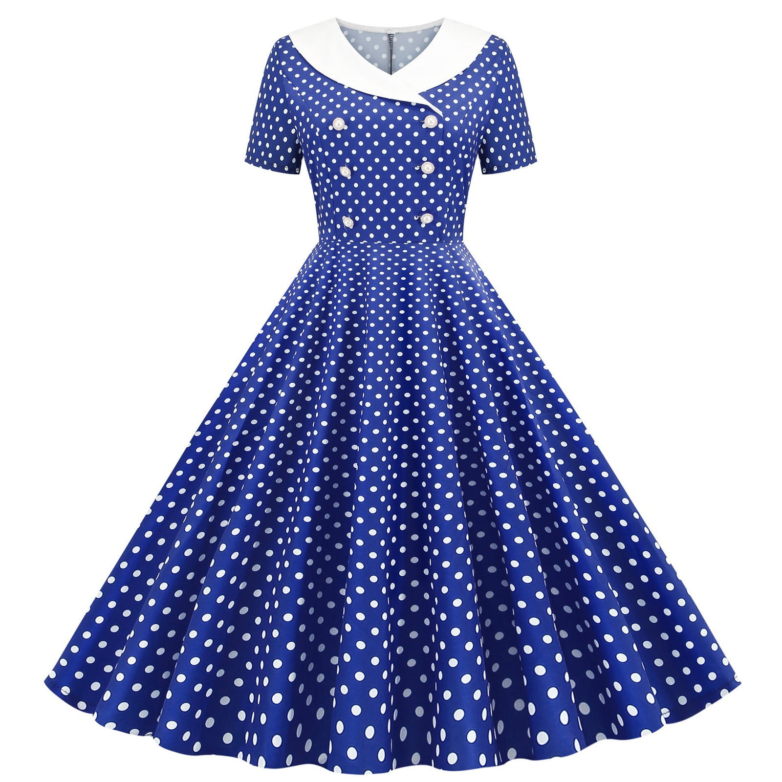 XIAOCHA Women's Dot Dress Flared Buttoned Short Sleeve Peter Pan Neck ...