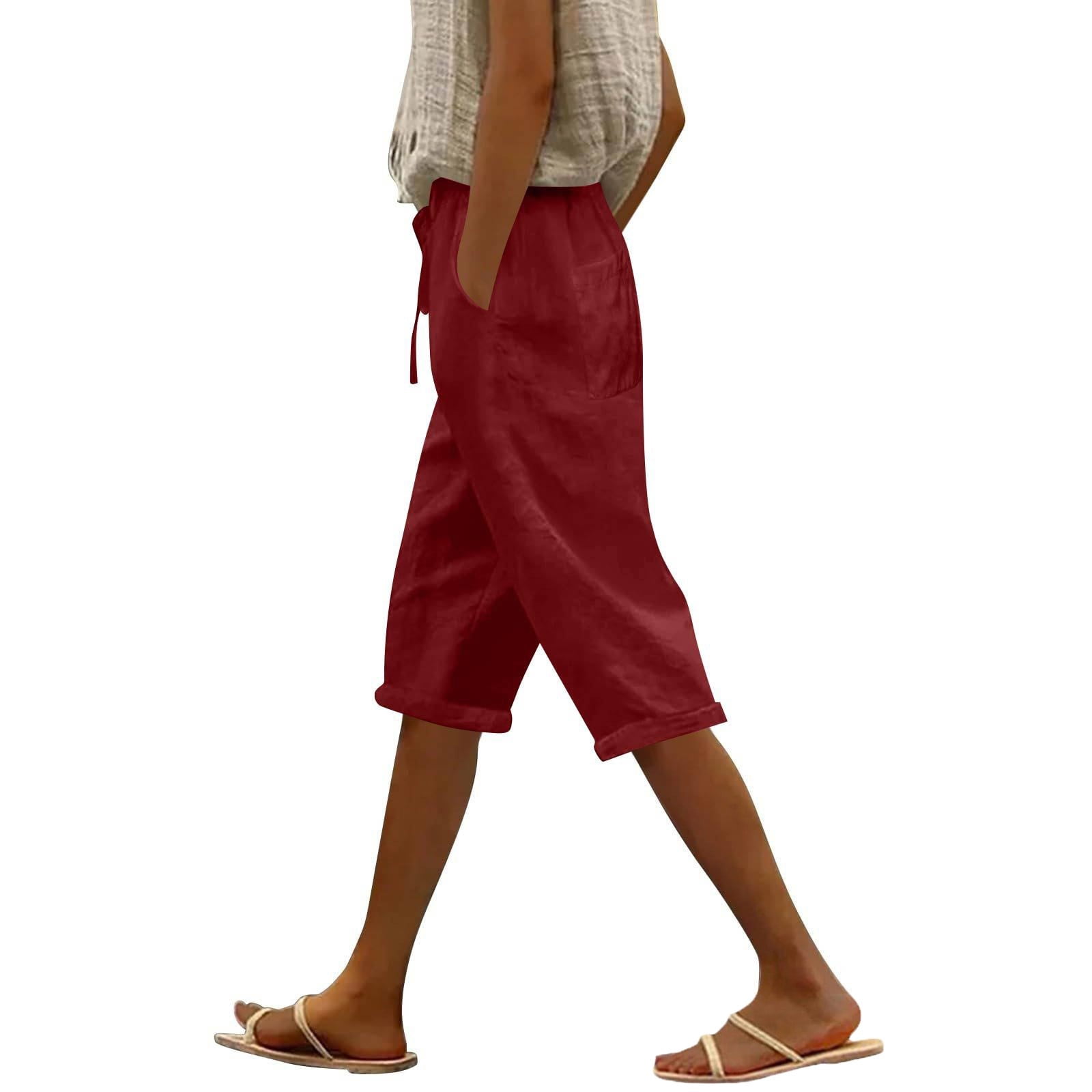 XIAOCHA Women's Drawstring Waist Capri Pants Pocketed Rolled-Hem Loose ...