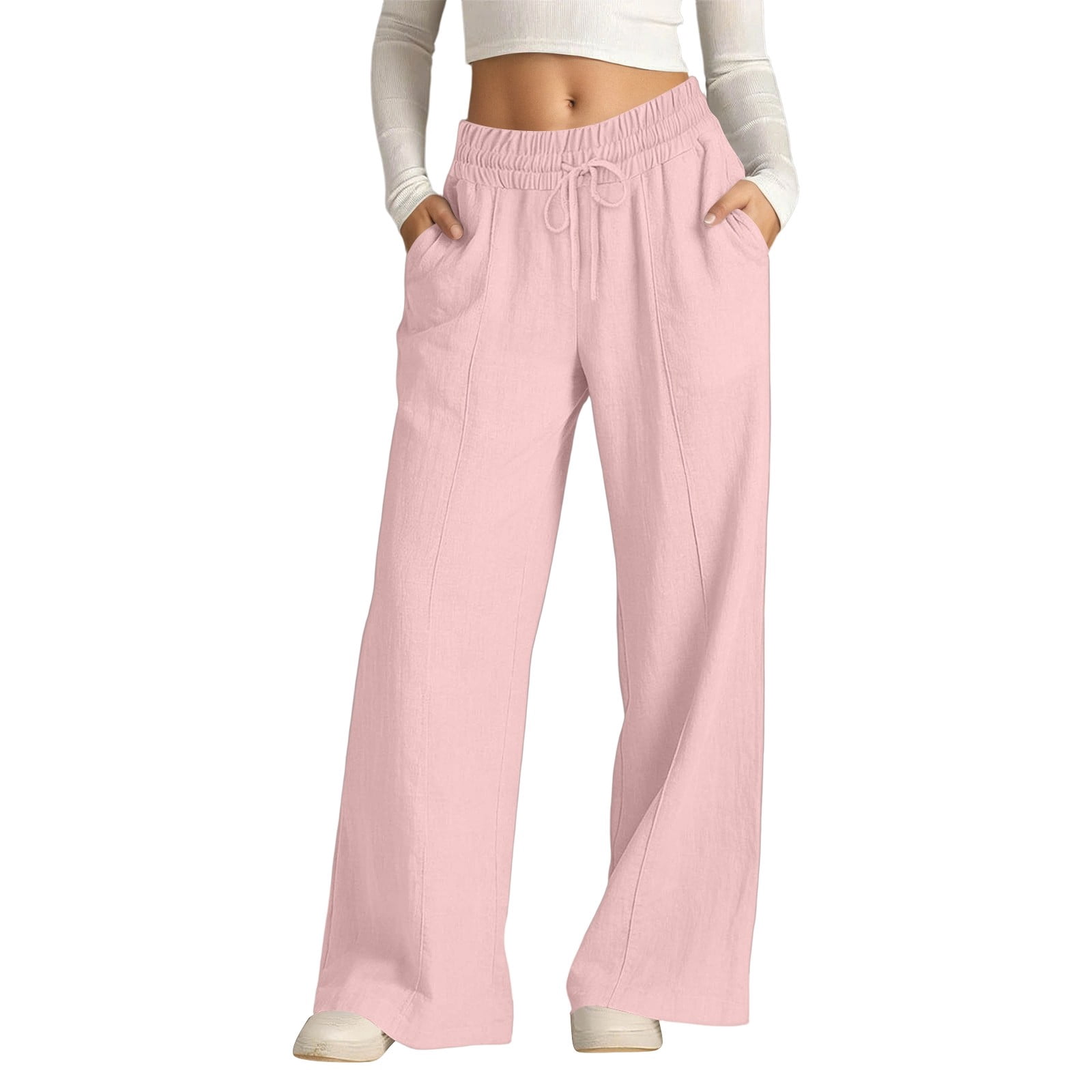 XIAOCHA Women's Drawstring Wide-Leg Pants Elastic-Waist High-Rise Daily ...