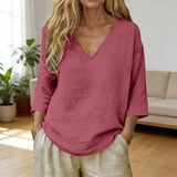 XIAOCHA Women's Loose-Fit Blouse V-Neck Three-Quarter-Sleeve Everyday ...