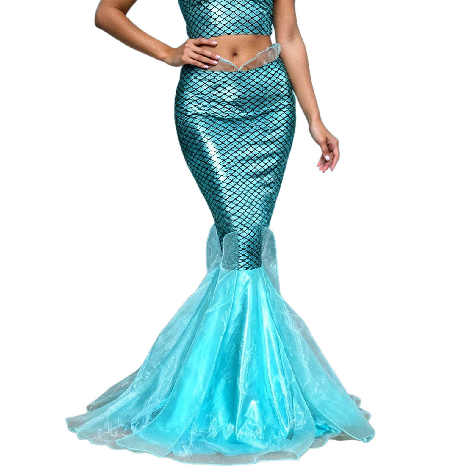 XIAOCHA Women's Tail Maxi Skirt Fishtail Scalloped Train Skirt Eye ...