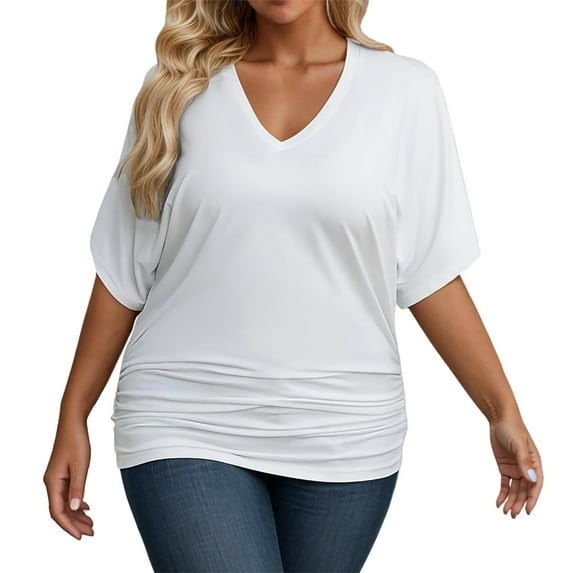 XIAOCHA Women's Plus Size V Neck Casual Stretchy Waist T-Shirt Everyday ...