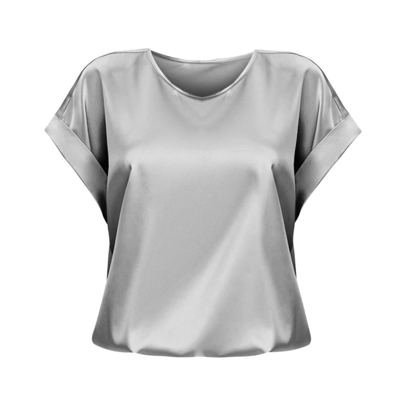 XIAOCHA Women's Relaxed Fit Blouse Round Neck Rolled Sleeve Casual ...