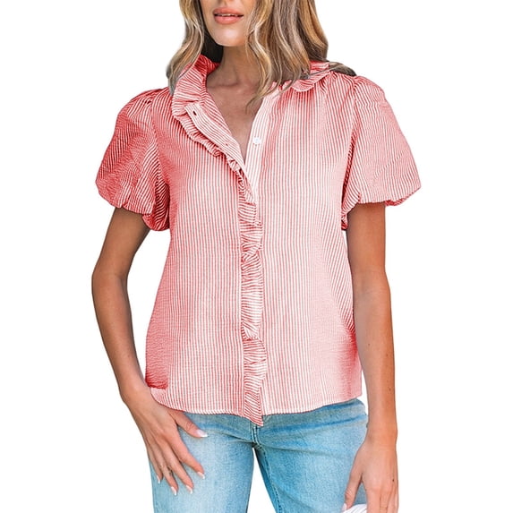 XIAOCHA Women's Ruffled Button Down Blouse Short Puff Sleeve Office ...