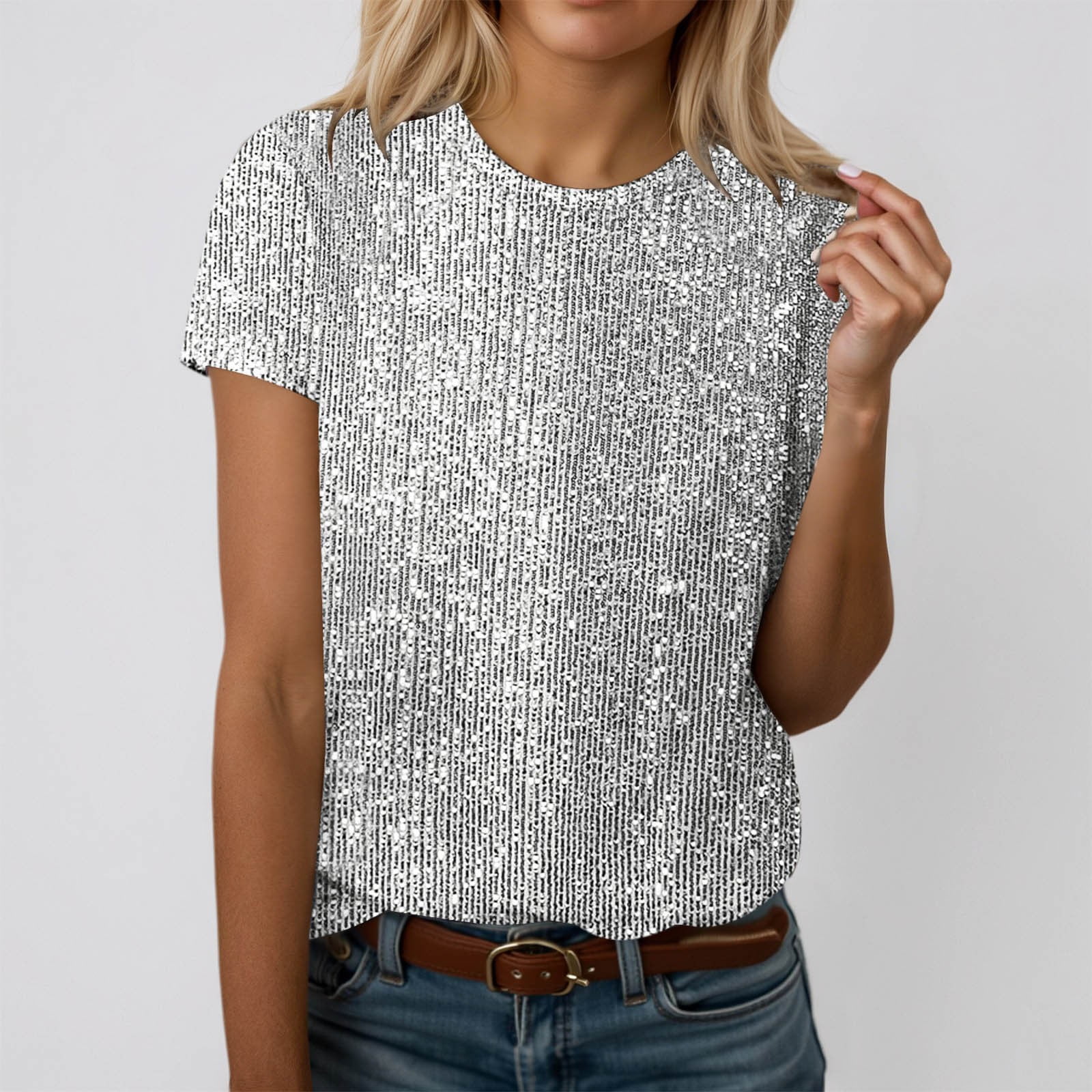 XIAOCHA Women's Sequin Embellished T-Shirt Crew Neck Short Sleeve Night ...