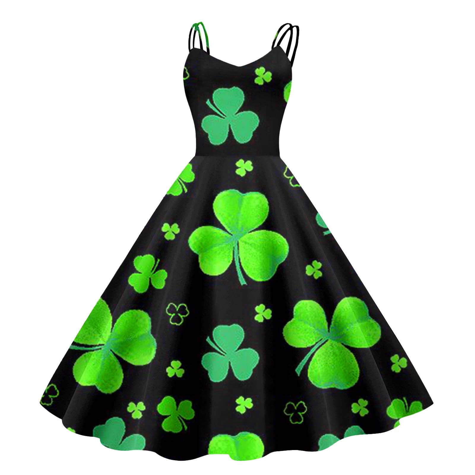 XIAOCHA Women's Shamrock Print Swing Dress Spaghetti Strap Fit And ...