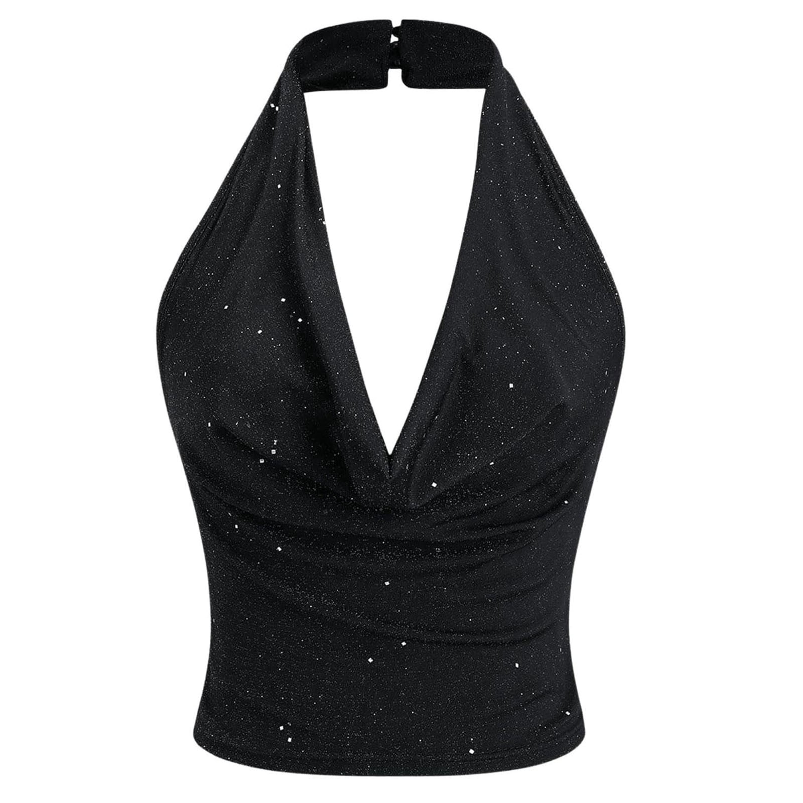 XIAOCHA Women's Sparkle Halter Cami Sleeveless Plunging Neck Backless ...