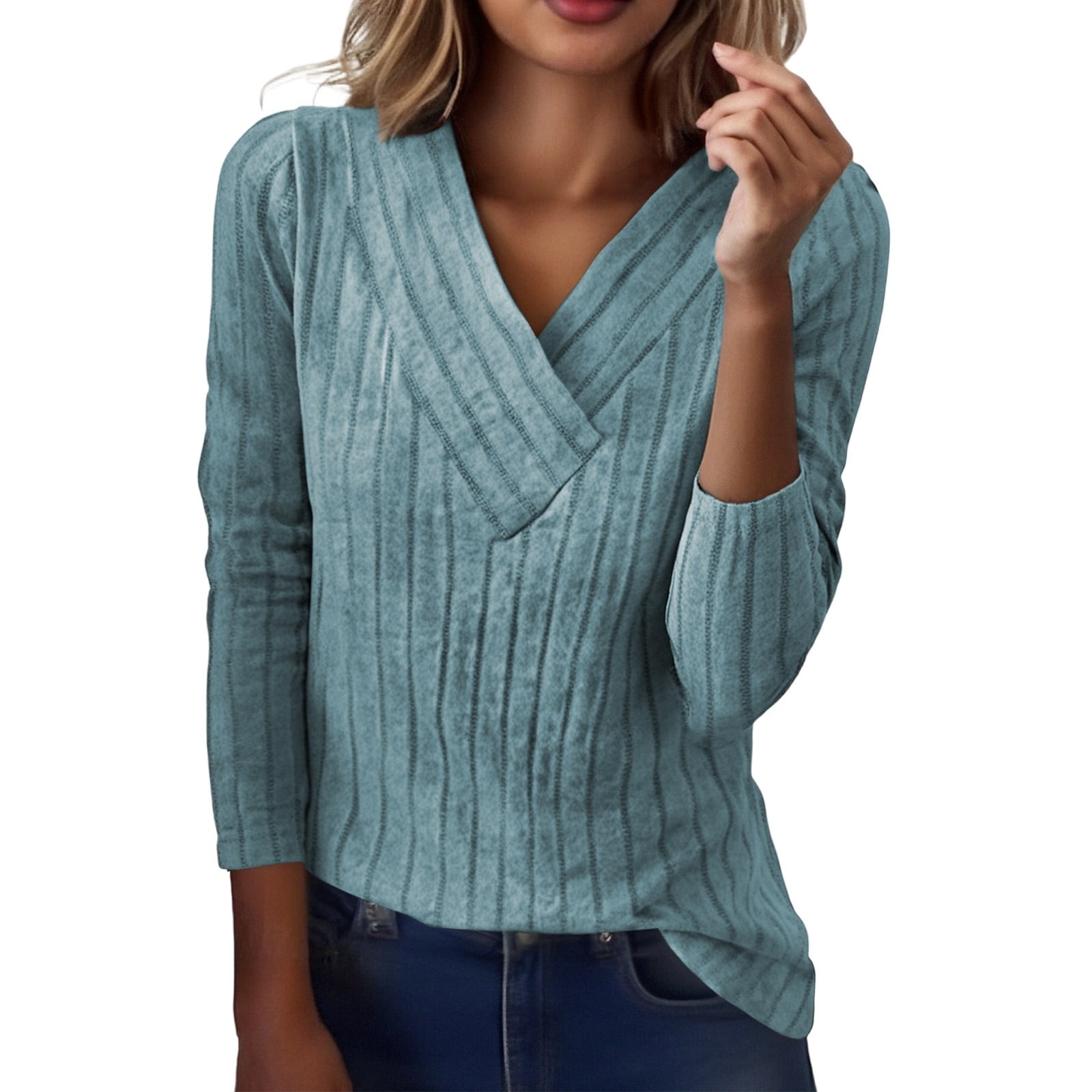 XIAOCHA Womens Blouses Elegant Deep V Neck Ribbed Knit Long Sleeve ...