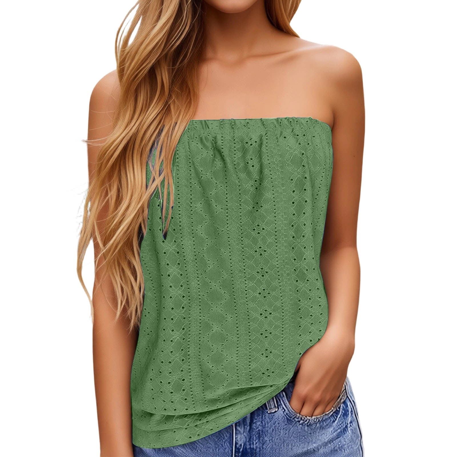 XIAOCHA Womens Eyelet Embroidered Tube Top Strapless Solid Casual Loose ...