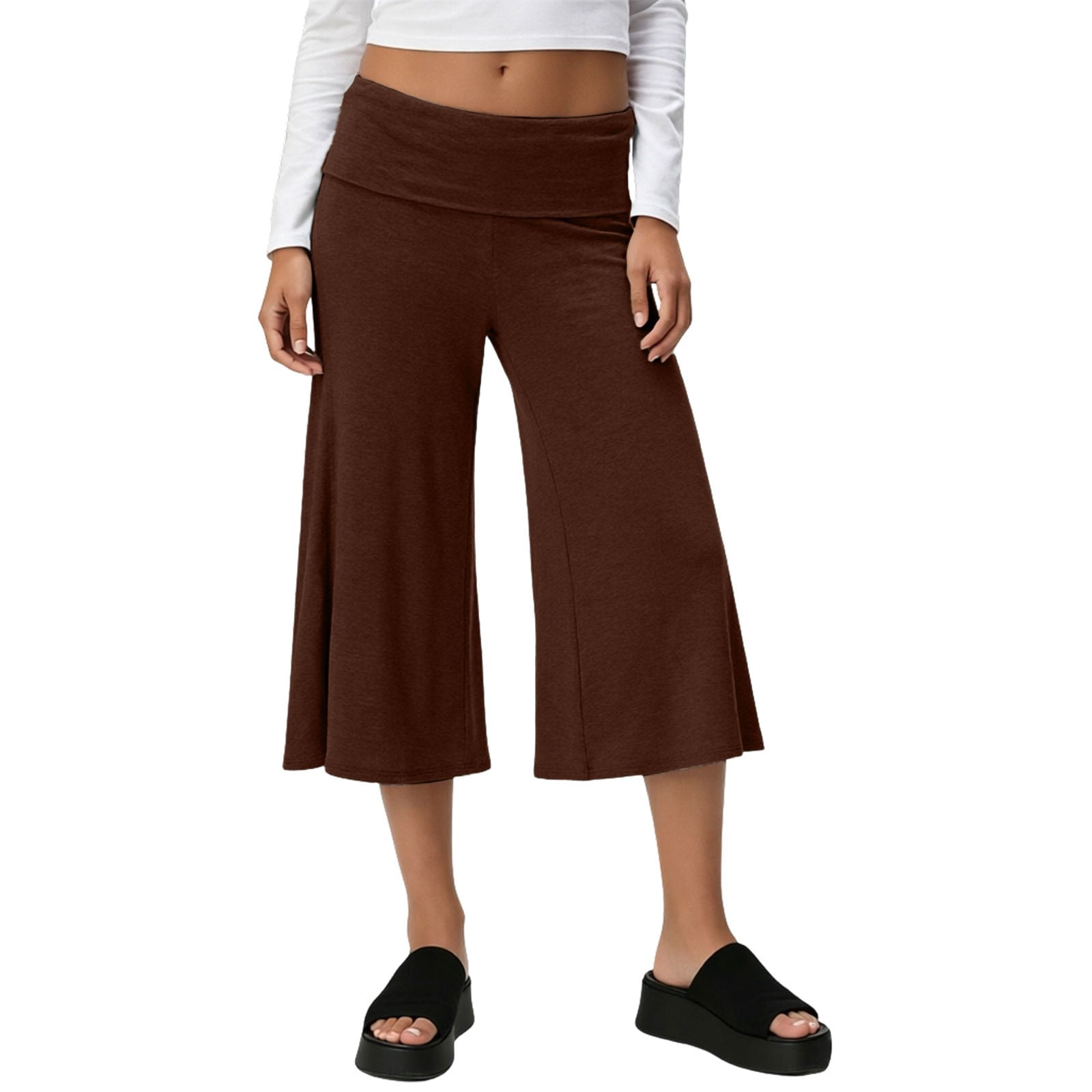 XIAOCHA Womens High Waist Capri Pants Fold Over Waist Casual Everyday ...