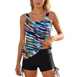 XIAOCHA Womens Printed Tankini Set Drawstring Side Swim Shorts Beach ...
