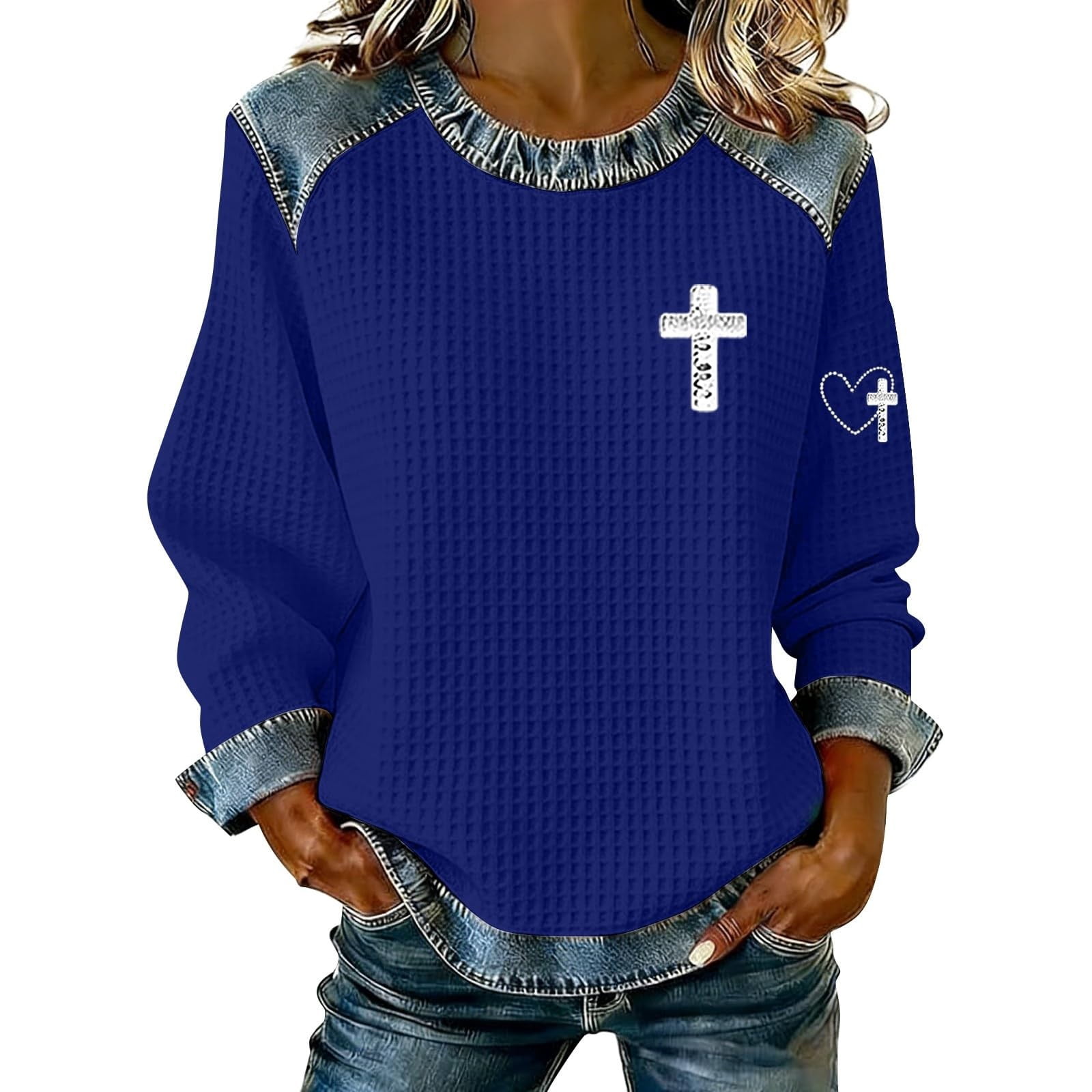 XIAOCHA Womens Waffle Knit Cross Print Crewneck Sweatshirt Raglan ...