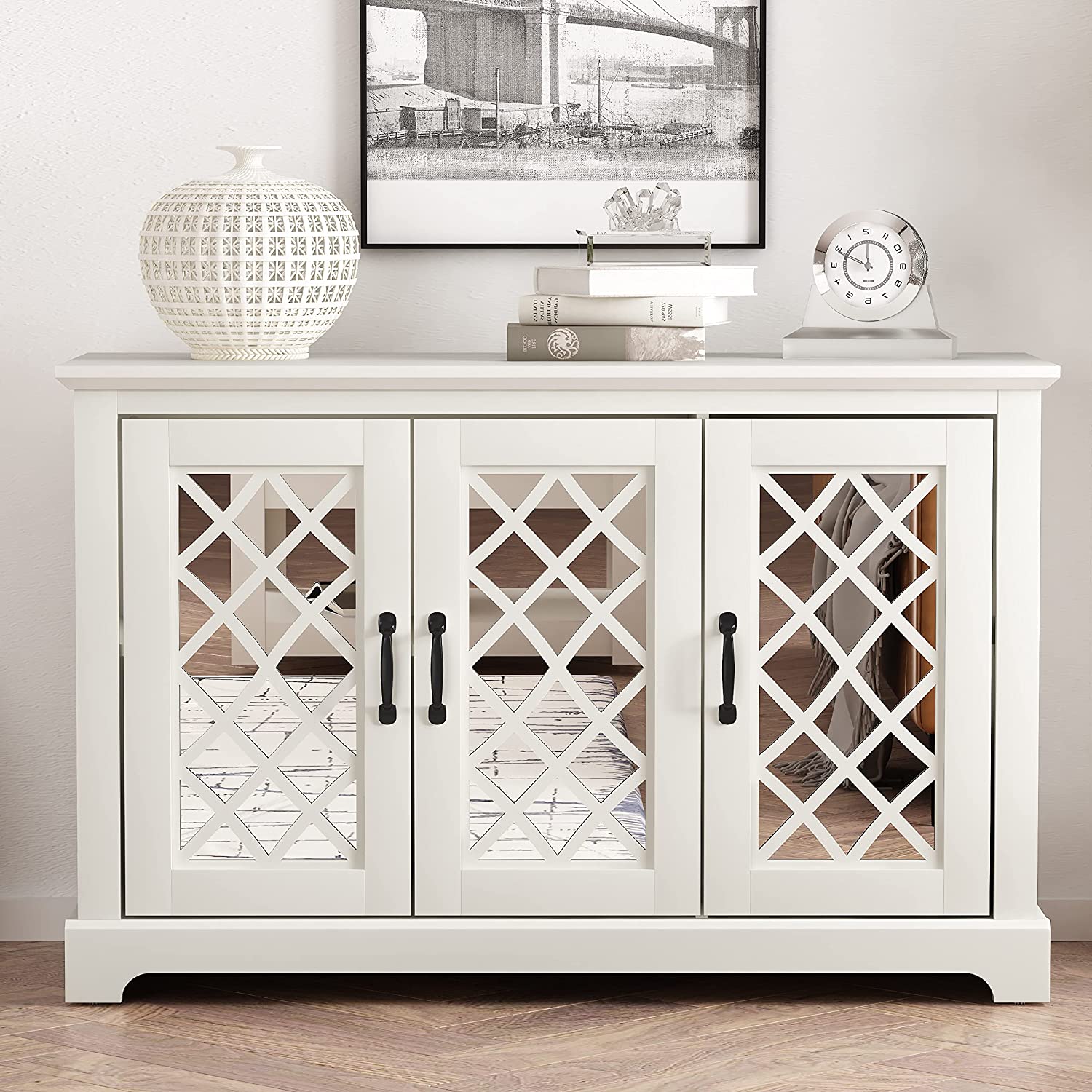 XIAOJIAWU Millicent 3 Door Sideboard with Acrylic Mirrors, Kitchen Buffet Cabinet, Farmhouse ...