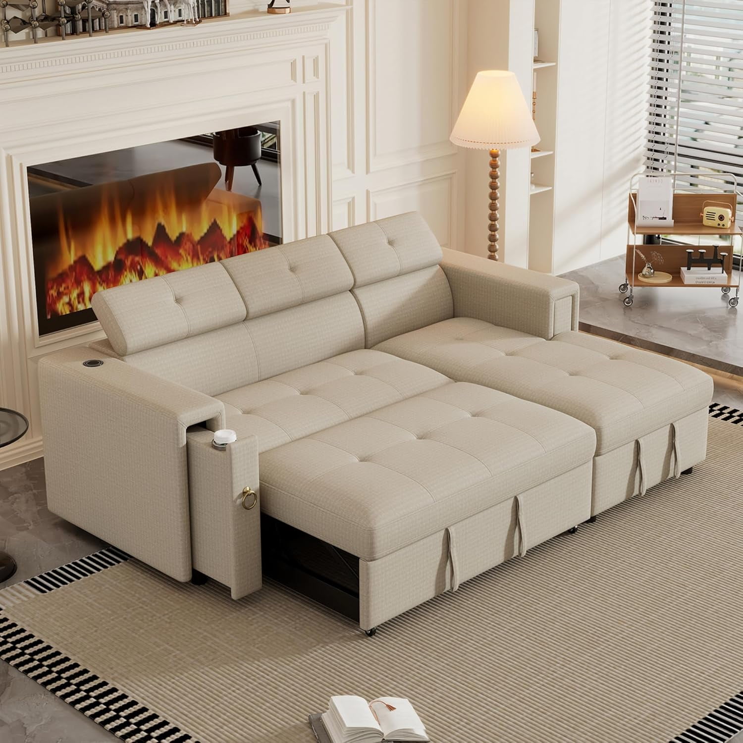 XIAOJIAWU Pull-Out Sleeper Sofa Bed, Linen L-Shape Sectional Sofa with ...