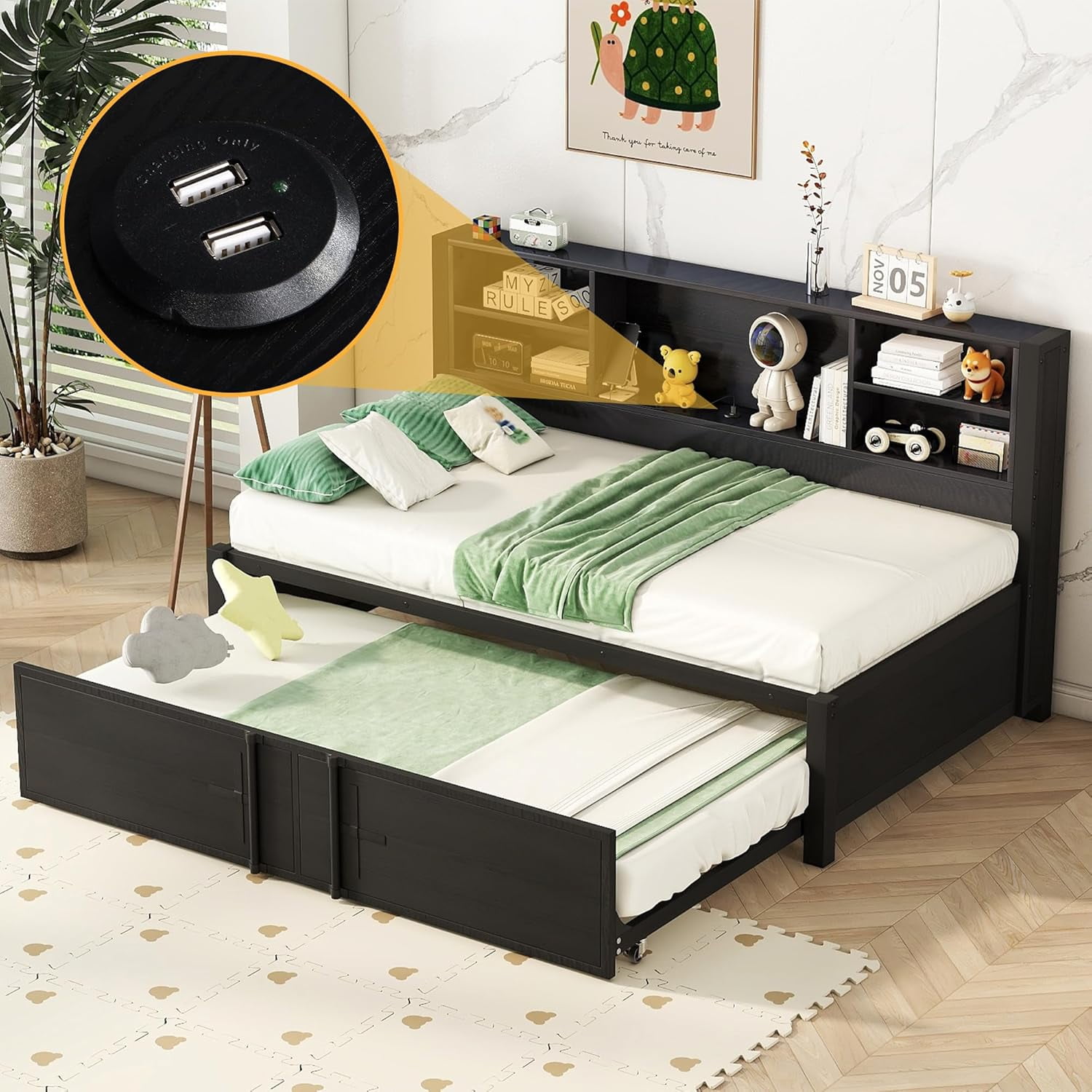 XIAOJIAWU Twin Captains Bed with Trundle and Storage Headboard, Daybed ...