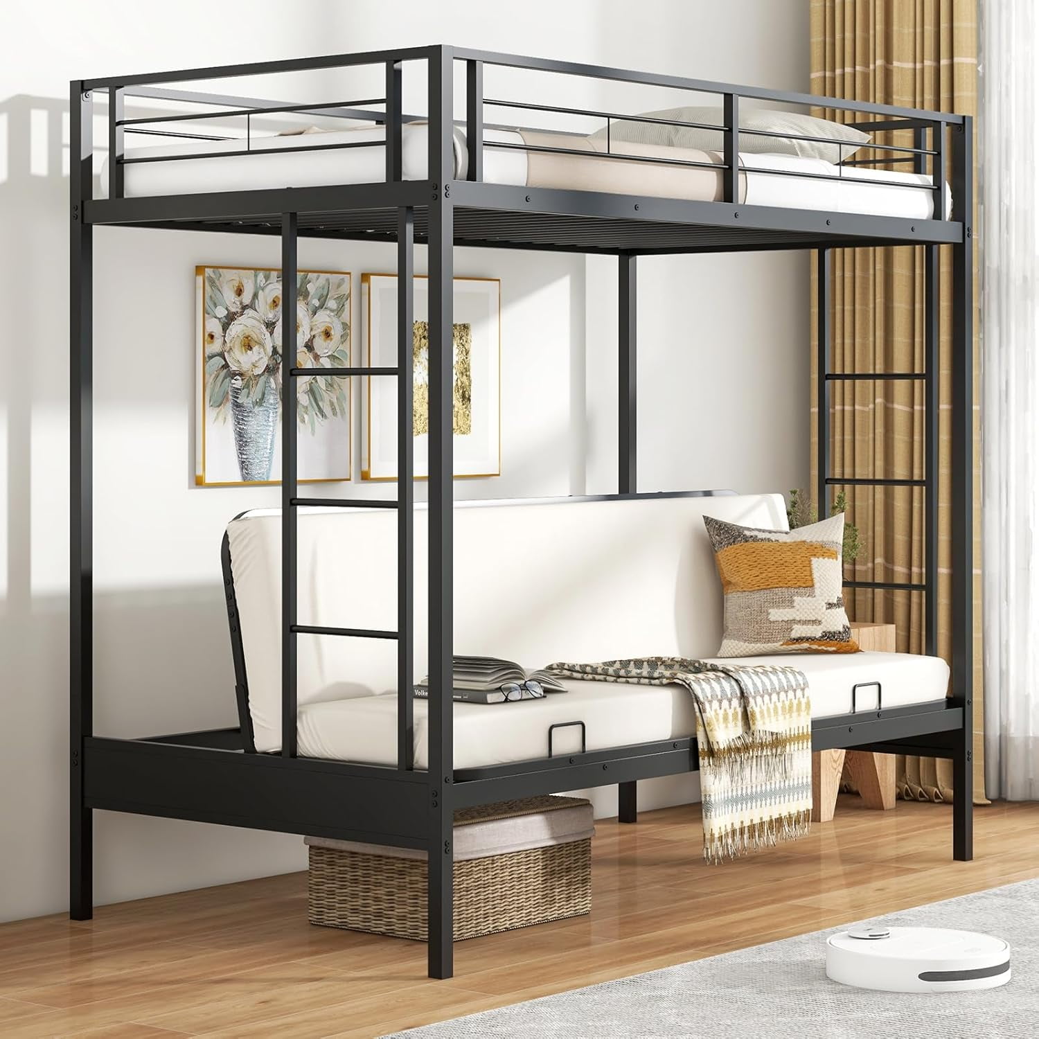 XIAOJIAWU Twin Over Futon Bunk Bed, Metal Bunk Bed with Futon, 2 Ladders & Safety Guardrails ...