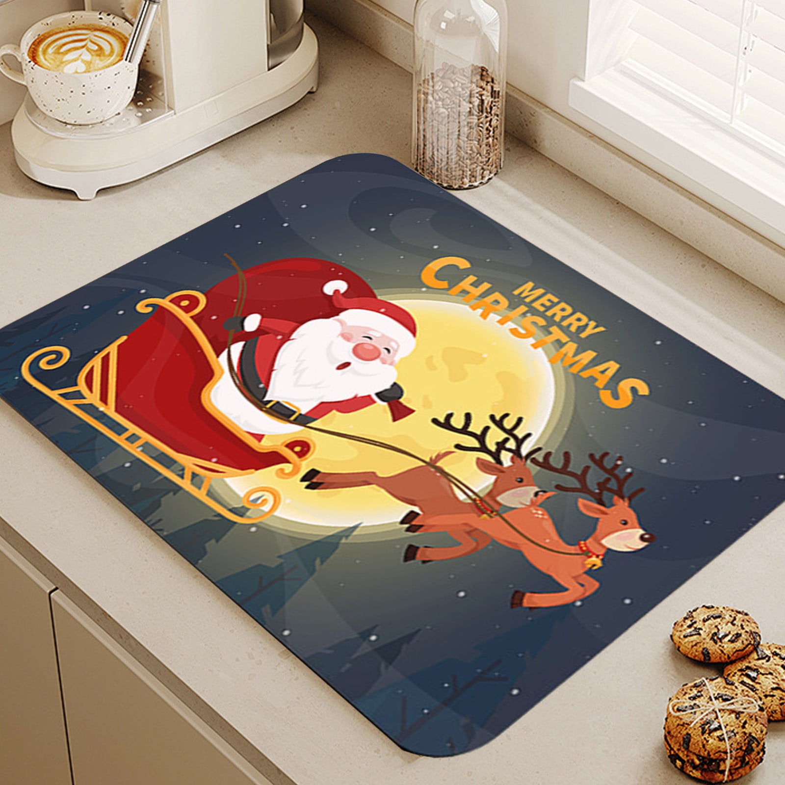 XIAOLE Christmas Dish Drying Coffee Bar Mat For Kitchen Counter, Merry Christmas Dish Drying Mat ...