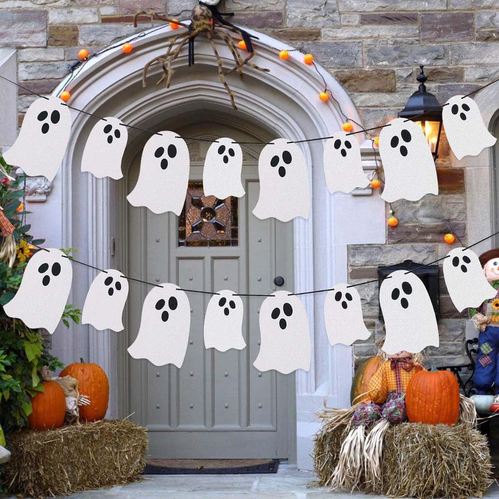 XIAOLE Halloween Ghost Banner Decorations, 30ft 8 Flag Banners White ...
