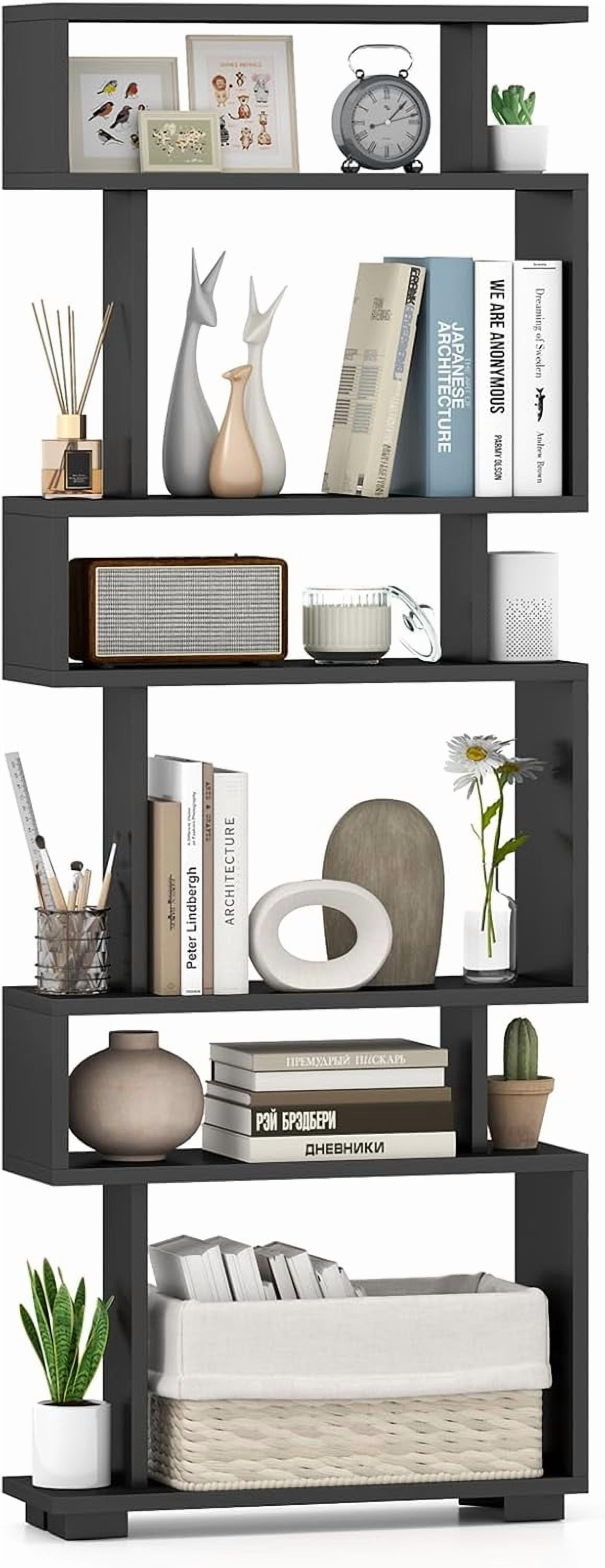 XIAOLONG 6-Tier Geometric Bookcase, 64" Tall S-Shaped Bookshelf with ...