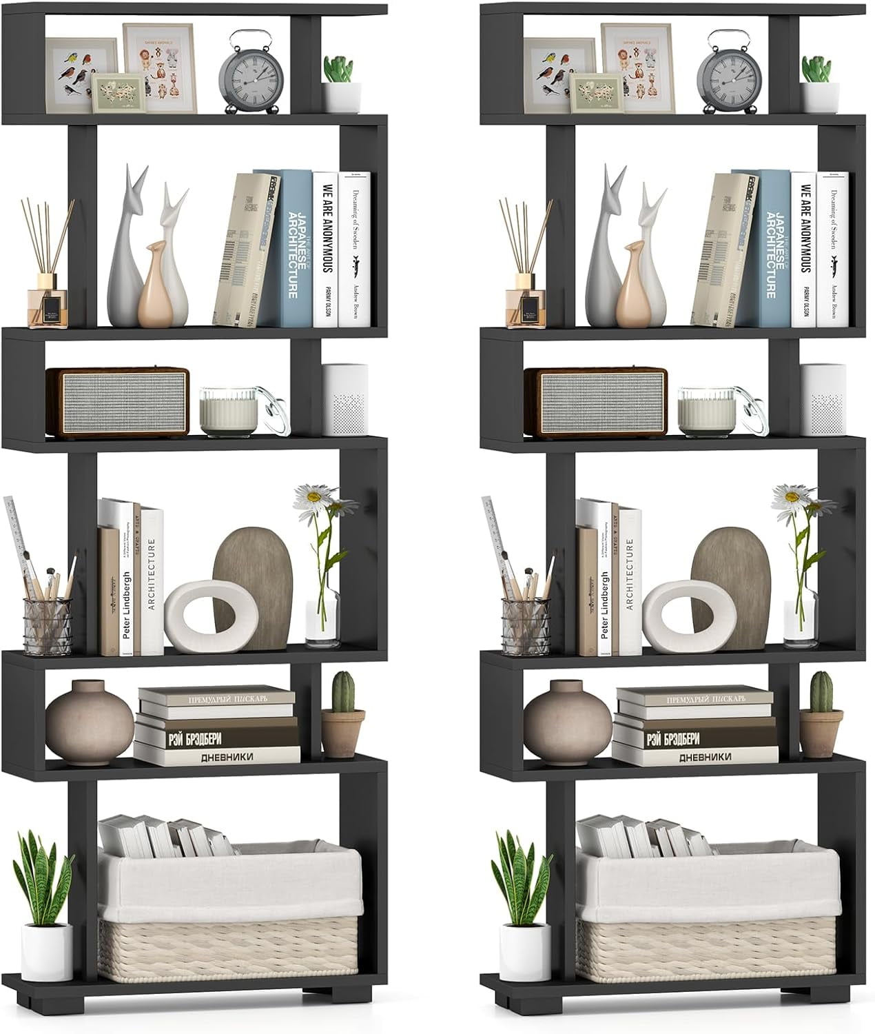 XIAOLONG 6-Tier Geometric Bookcase Set of 2, 64" Tall S-Shaped ...