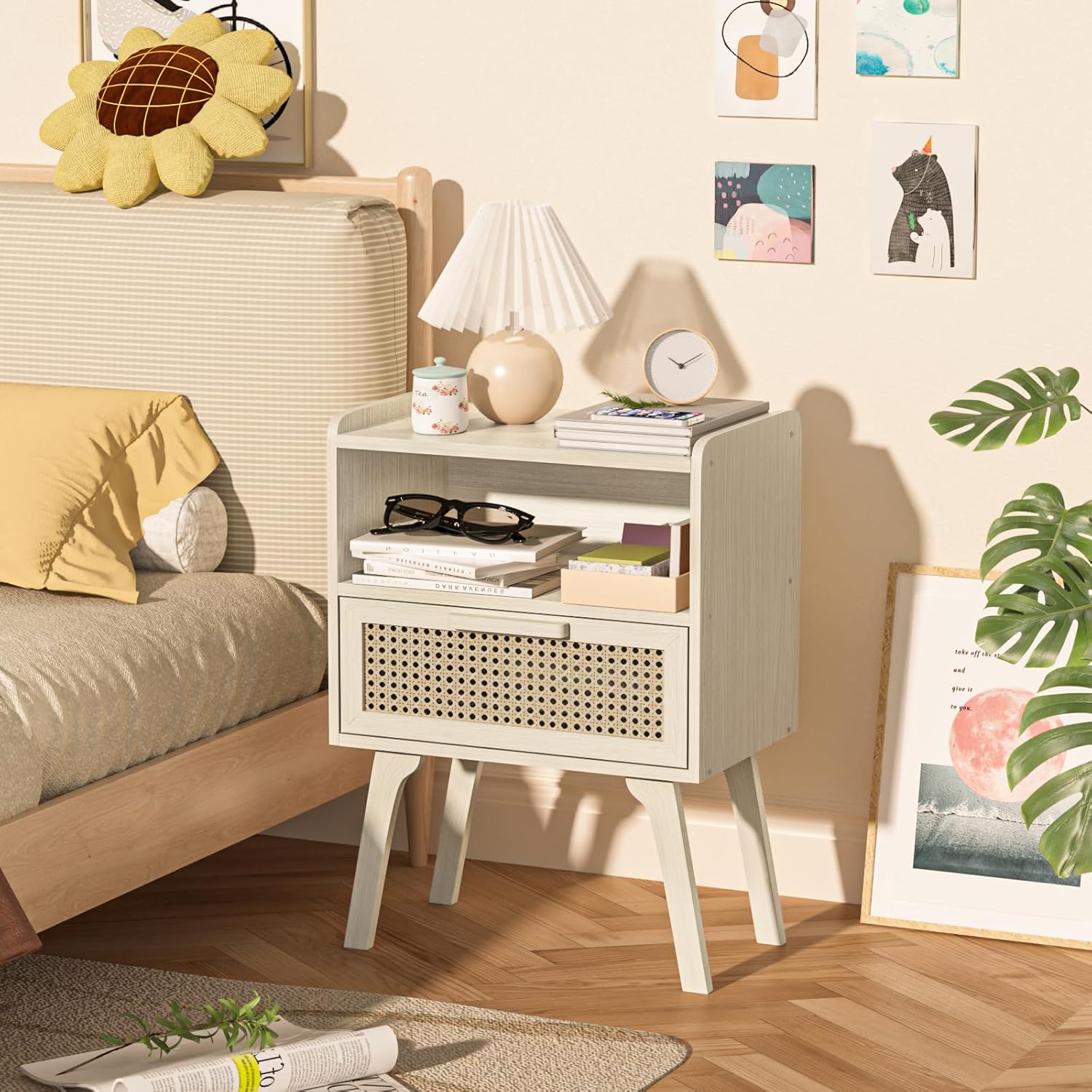 XIAOLONG Rattan Nightstands Set of 2, Side Table with Drawer Open Shelf ...