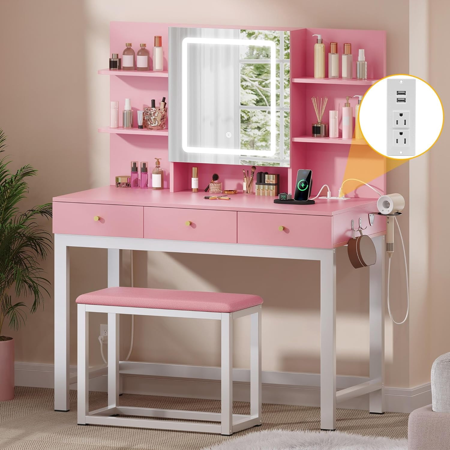 XIAOLONG Vanity Desk with LED Lights Mirror & Power Outlet, Adjustable ...