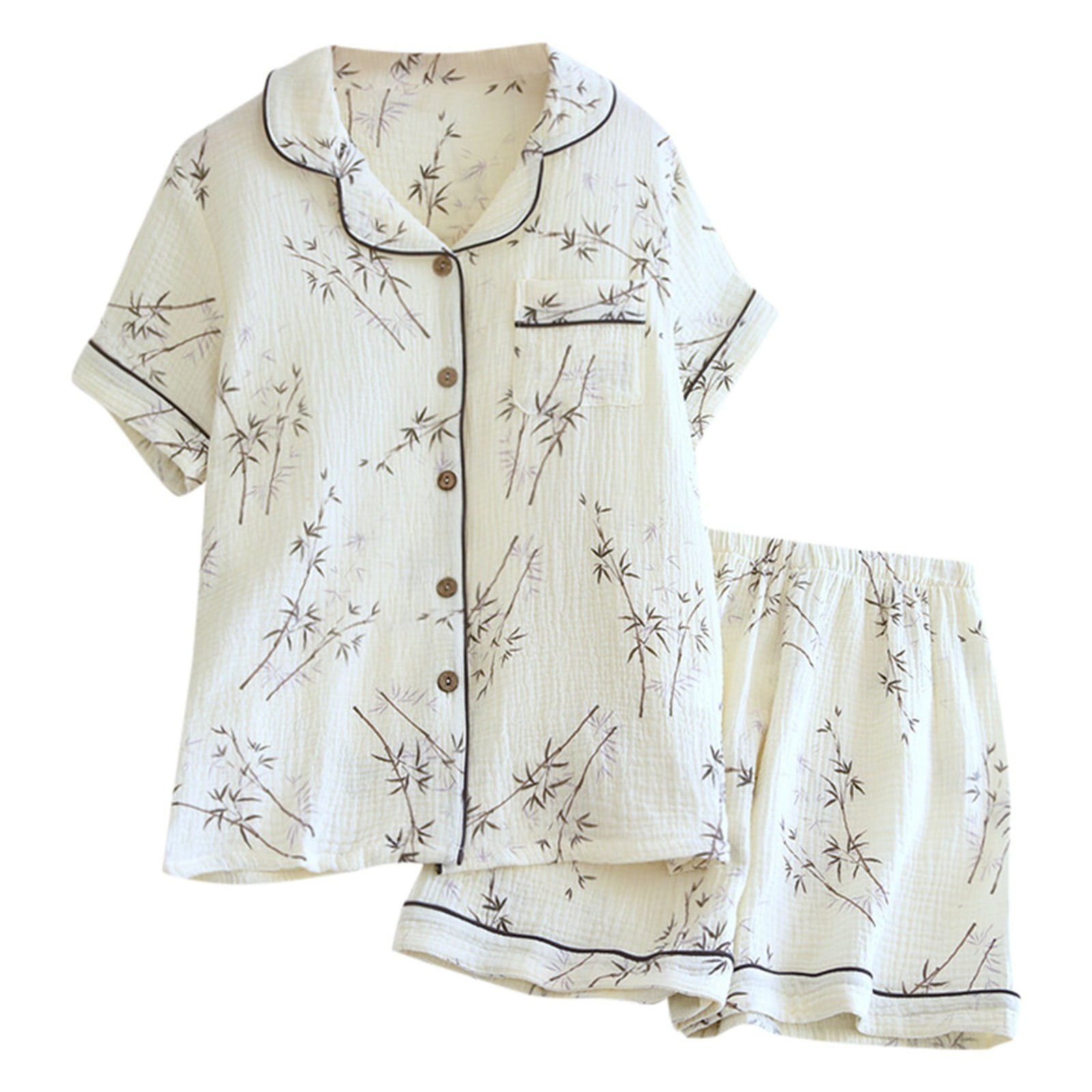 XIAONU Bamboo Print Button-Front Pajama Set for women Short-Sleeve ...