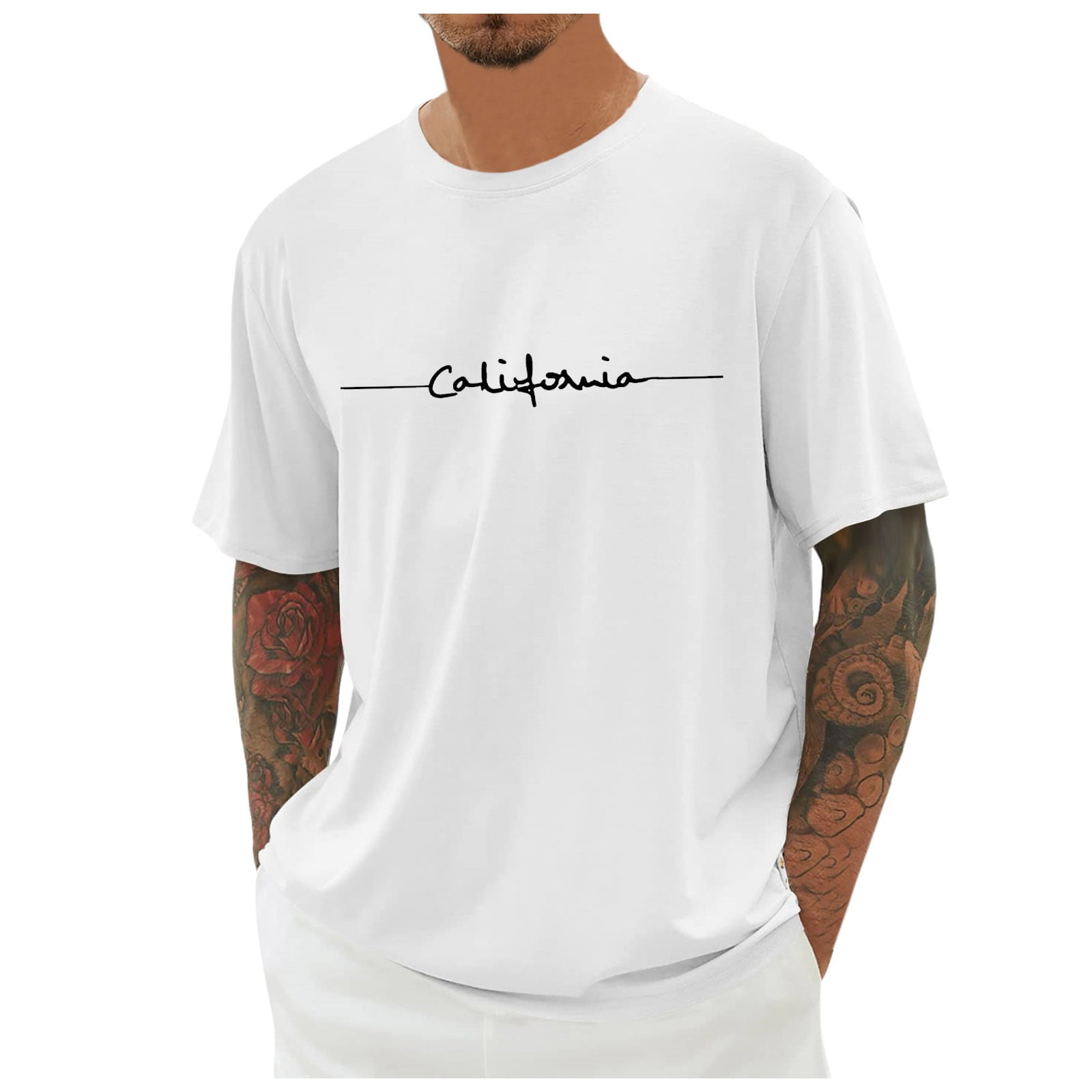 XIAONU Letter Print Crew Neck T-Shirt for Men Short-Sleeve Everyday ...