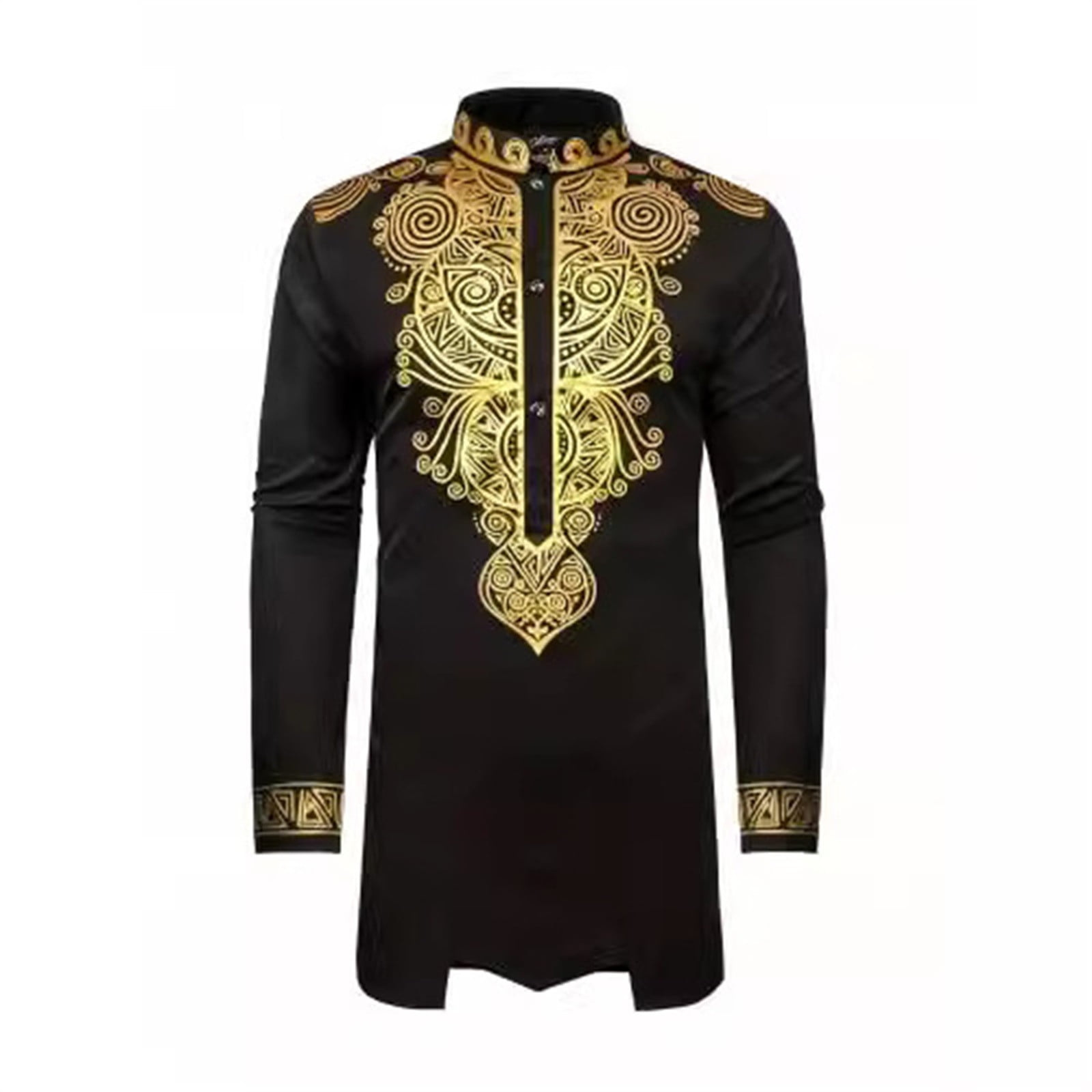 XIAONU Men Luxury Metallic Print African Dashiki Shirt Mandarin Collar ...