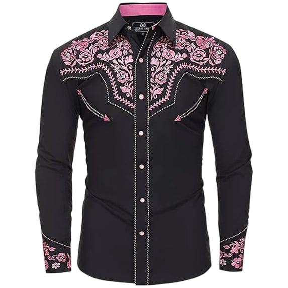 XIAONU Men Western Embroidered Shirt Slim Fit Floral Pattern Button ...