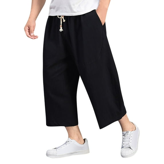 XIAONU Men's Black Linen Capri Pants Elastic Waist Drawstring Wide-Leg ...