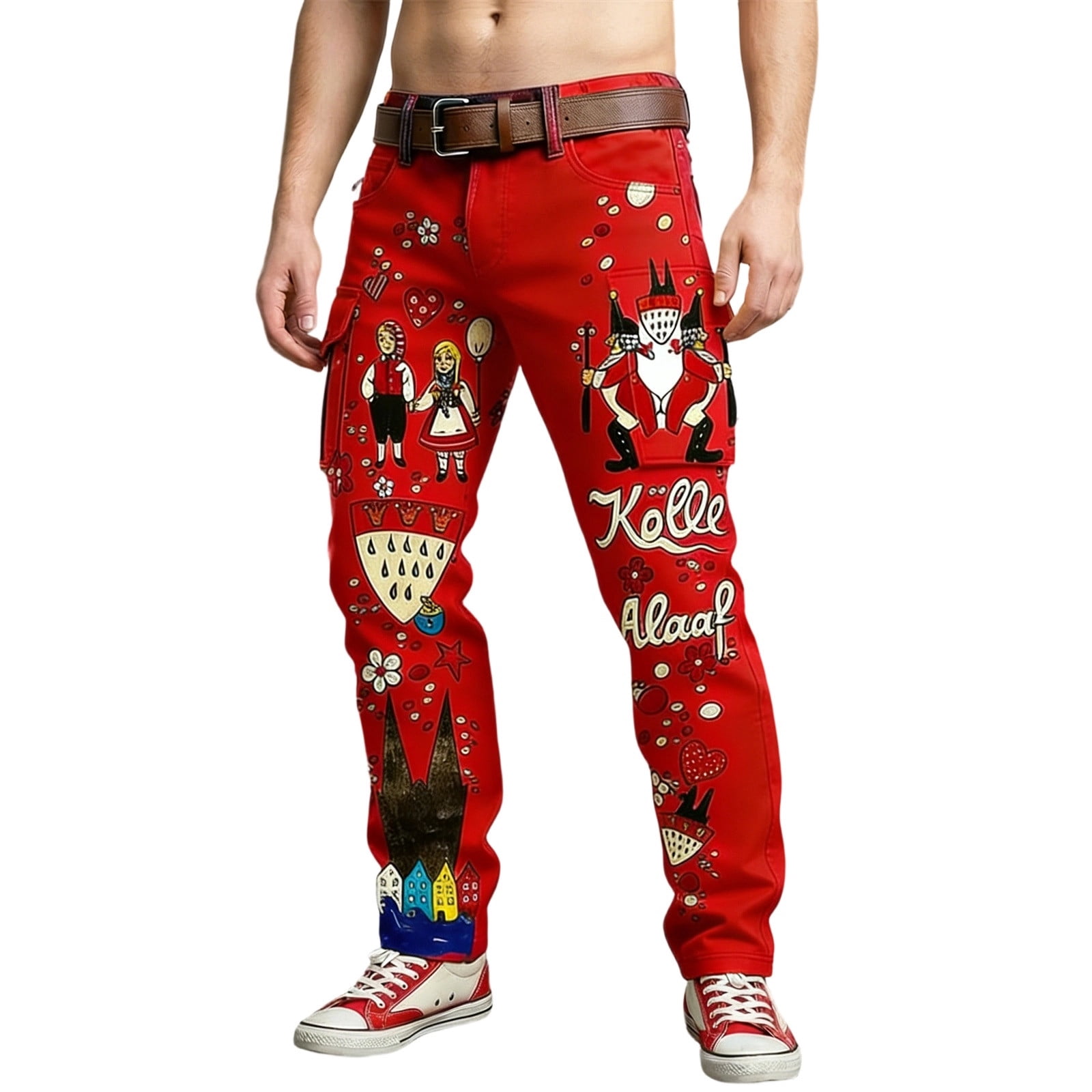 XIAONU Men's Fun Print Cargo Pants Slim Fit Full Length Belted Waist ...