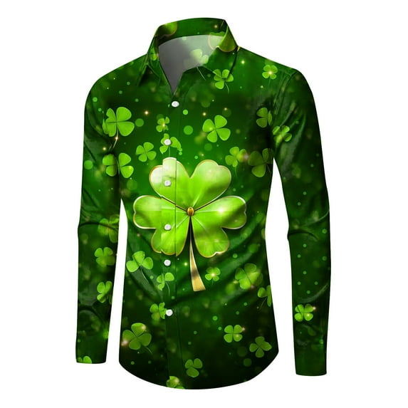 XIAONU Men's Glitter Clover Print Shirt Long Sleeve St. Patrick's Day ...