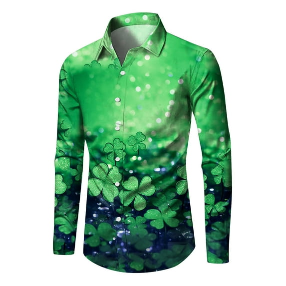 XIAONU Men's Glitter Clover Print Shirt Long Sleeve St. Patrick's Day ...