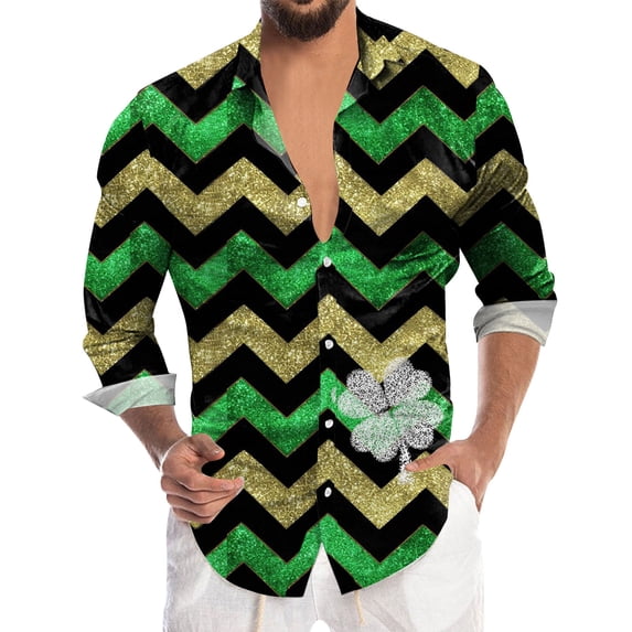 XIAONU Men's Glitter Clover Print Shirt Long Sleeve St. Patrick's Day ...