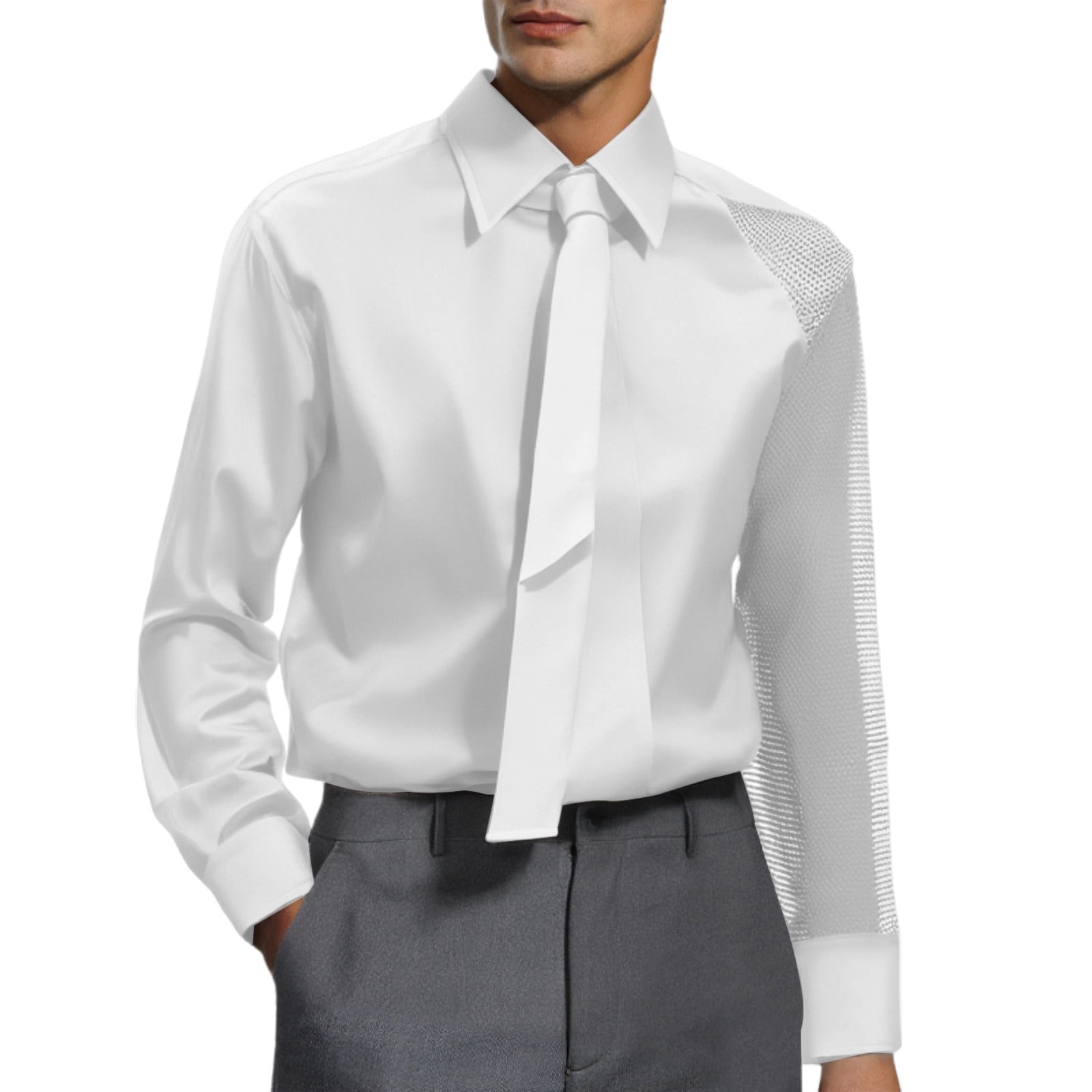 XIAONU Men's Long-Sleeve Button-Down Dress Shirt Mesh-Accent Formal Top ...