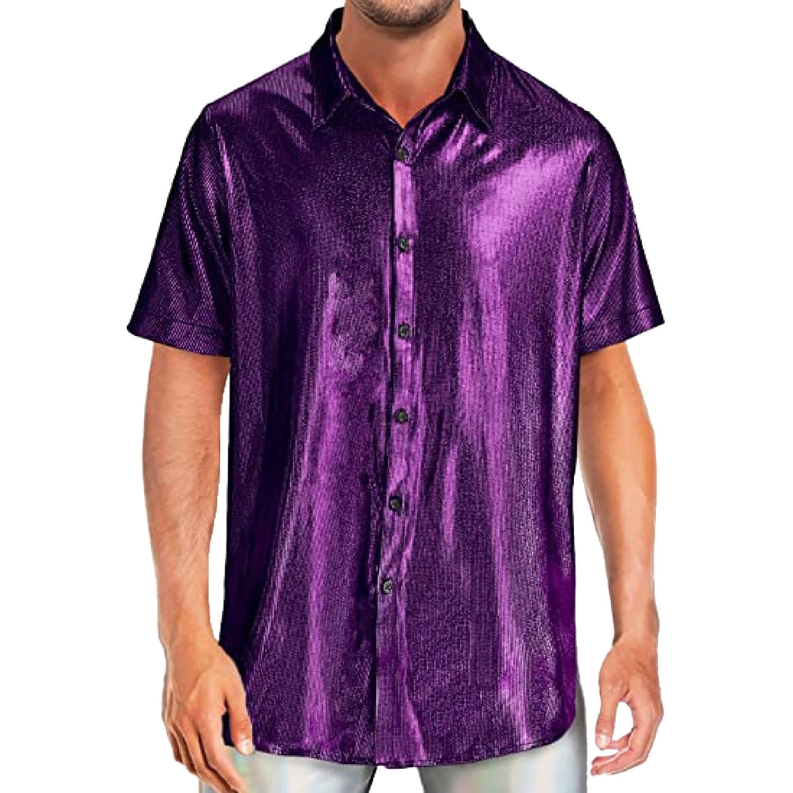 XIAONU Men's Metallic Blue Shirt Relaxed Fit Spread Collar Short Sleeve ...