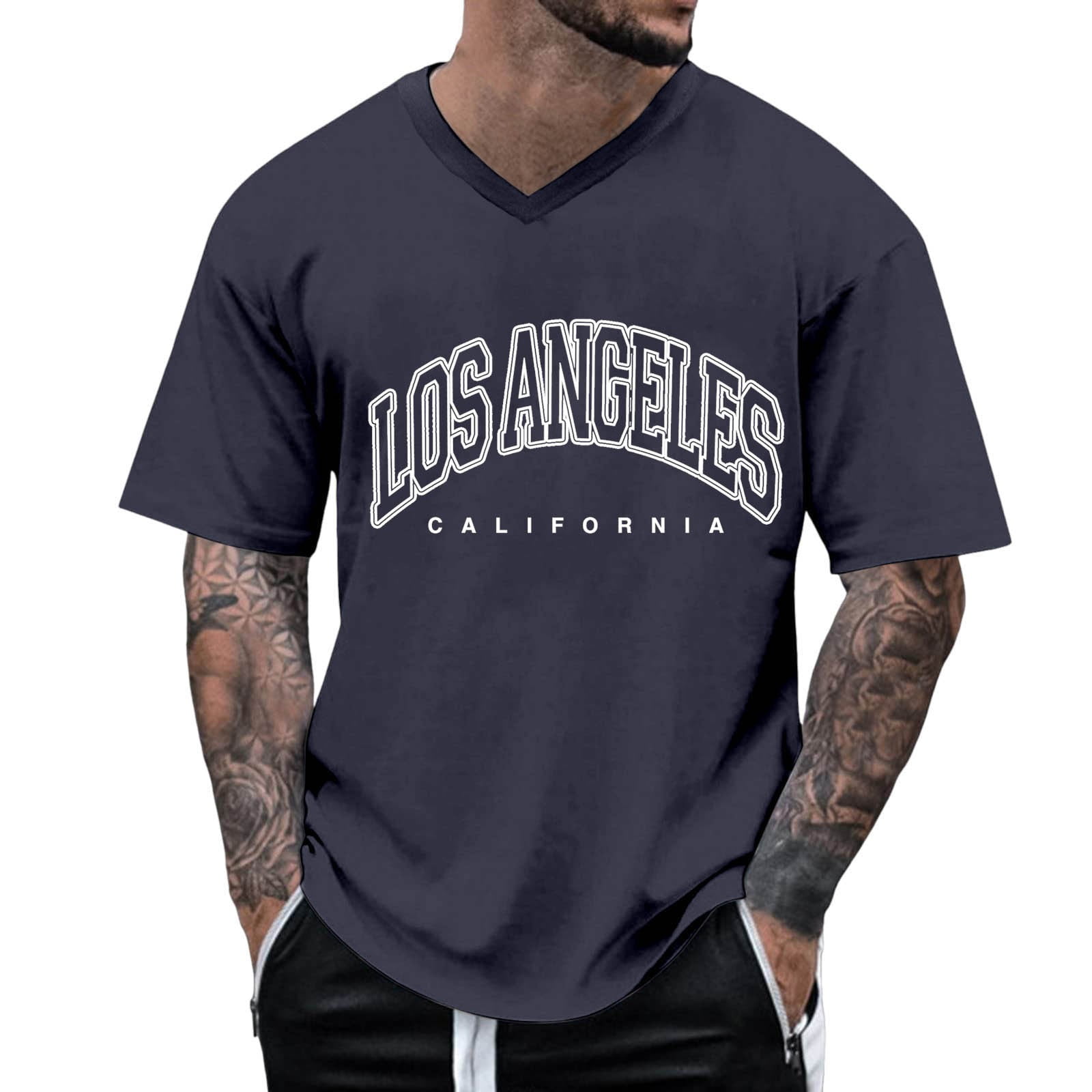 XIAONU Men's V-Neck Varsity Letter T-Shirt Short-Sleeve Urban Street ...