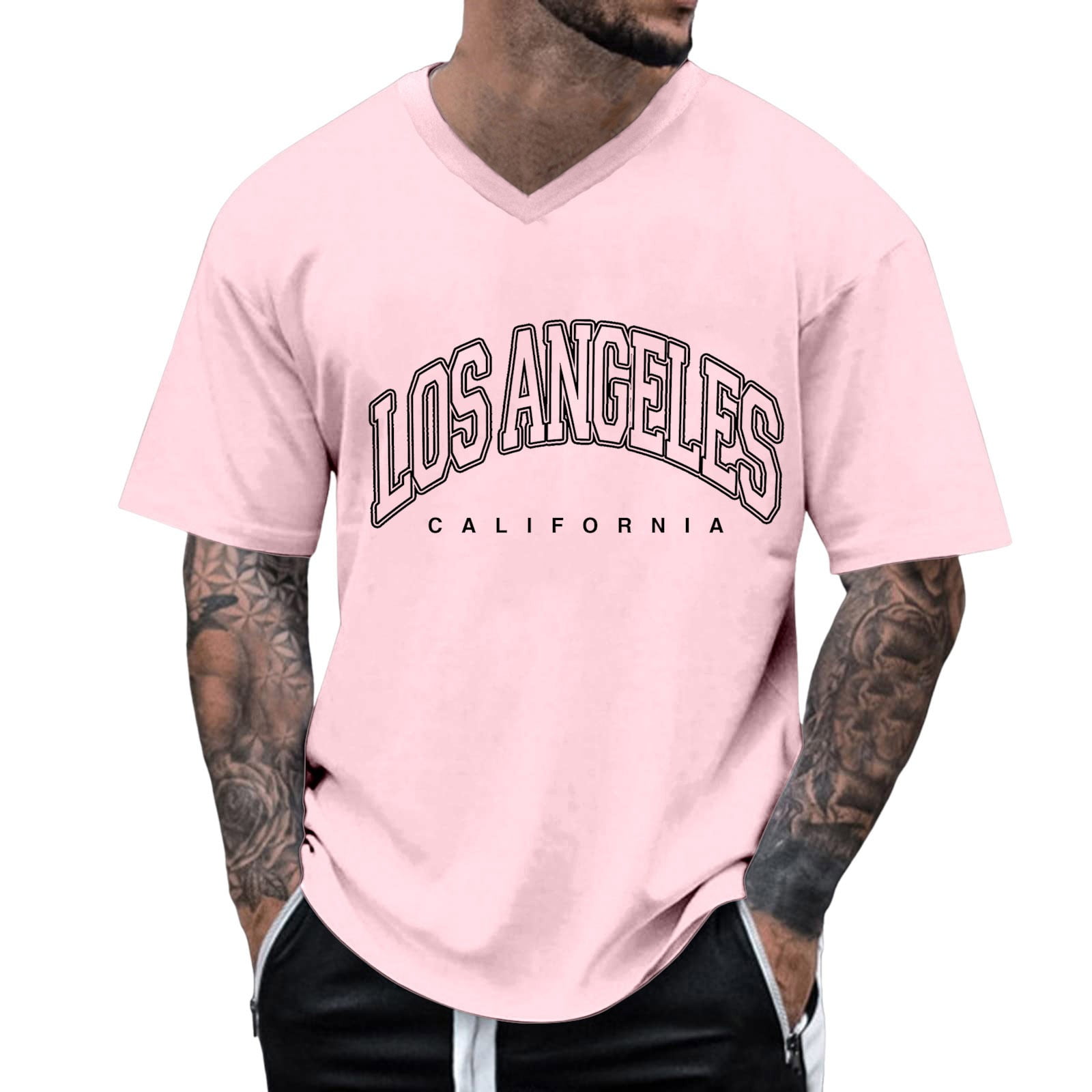 XIAONU Men's V-Neck Varsity Letter T-Shirt Short-Sleeve Urban Street ...