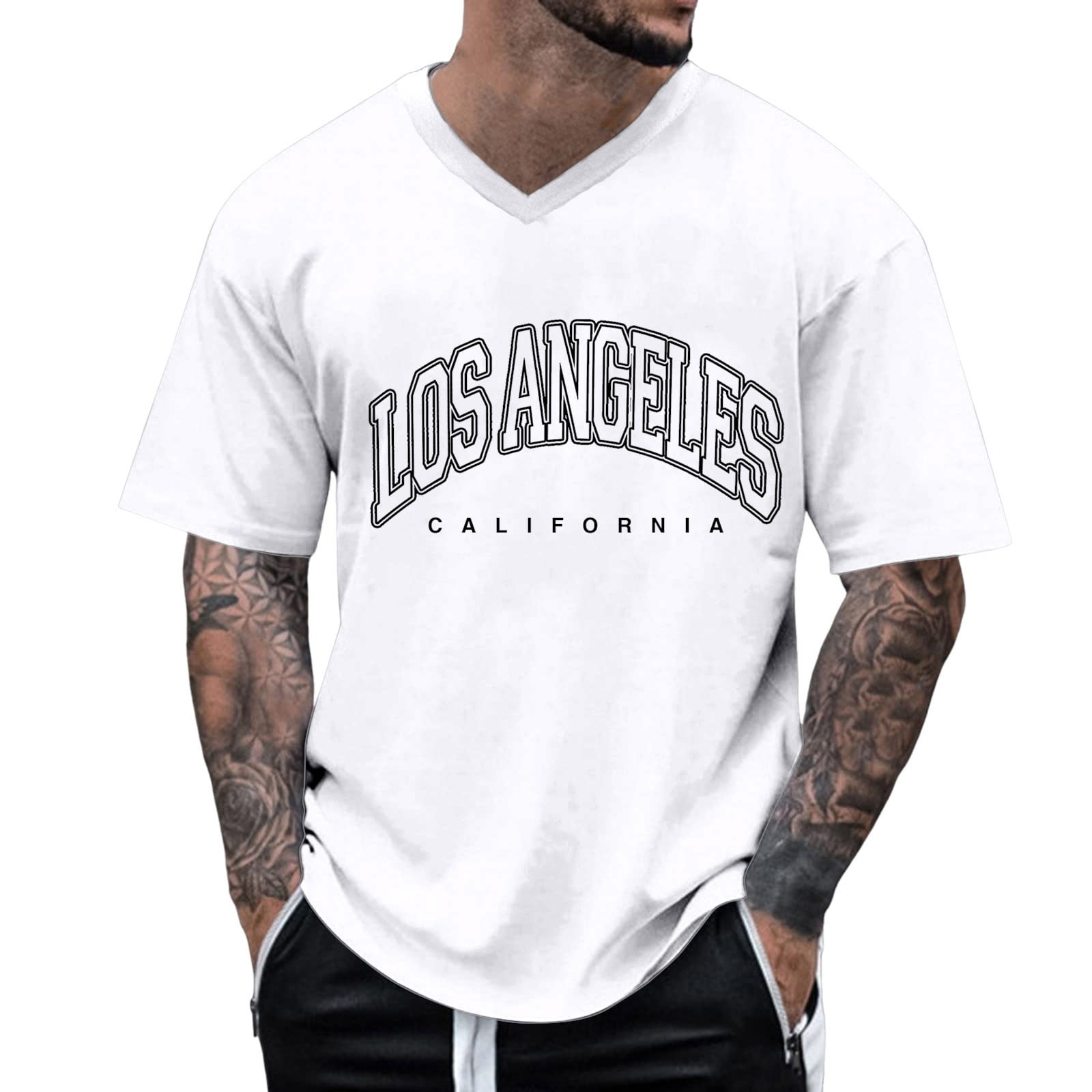 XIAONU Men's V-Neck Varsity Letter T-Shirt Short-Sleeve Urban Street ...