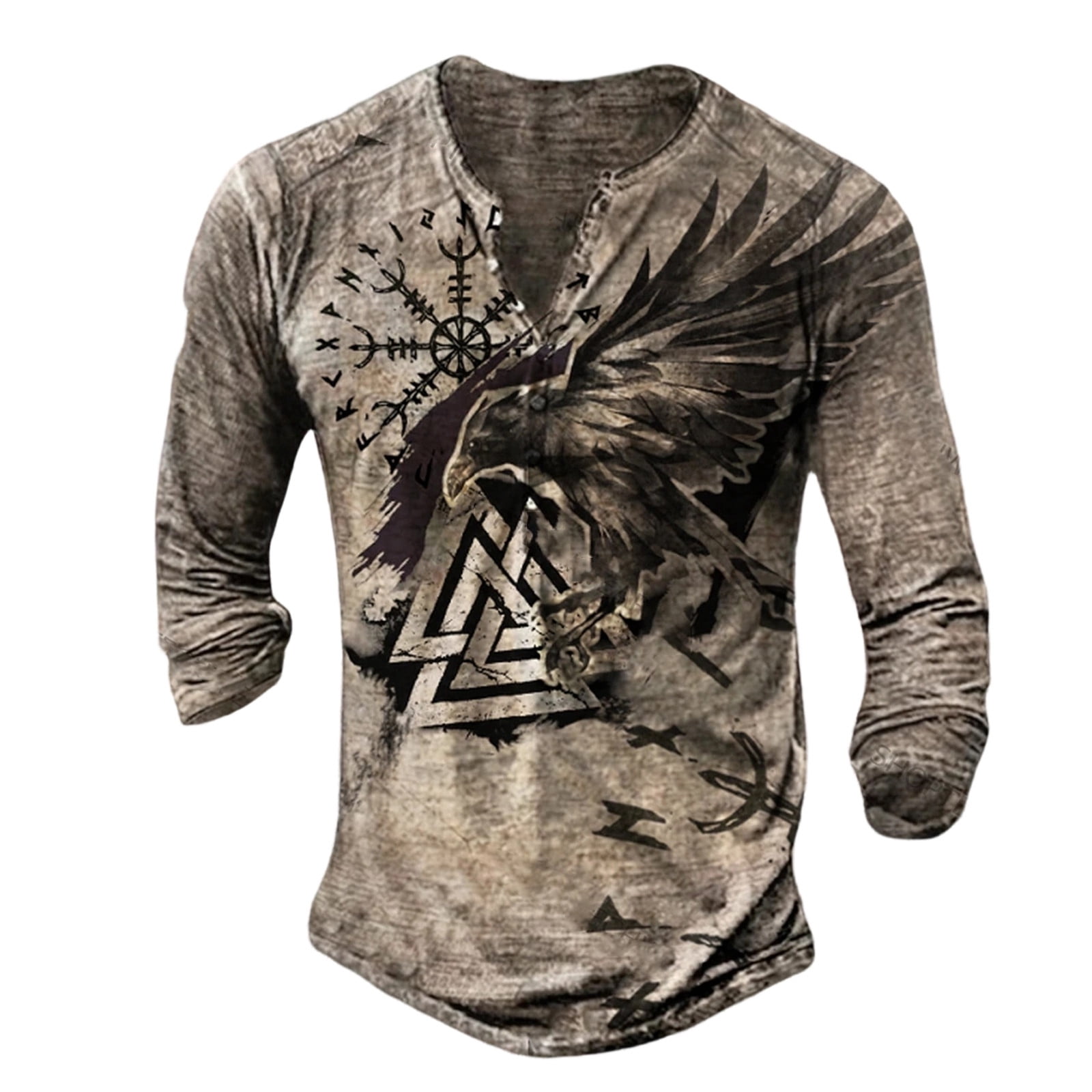 XIAONU Men's Viking Raven Valknut Graphic Tees Henley Neck Long Sleeve ...