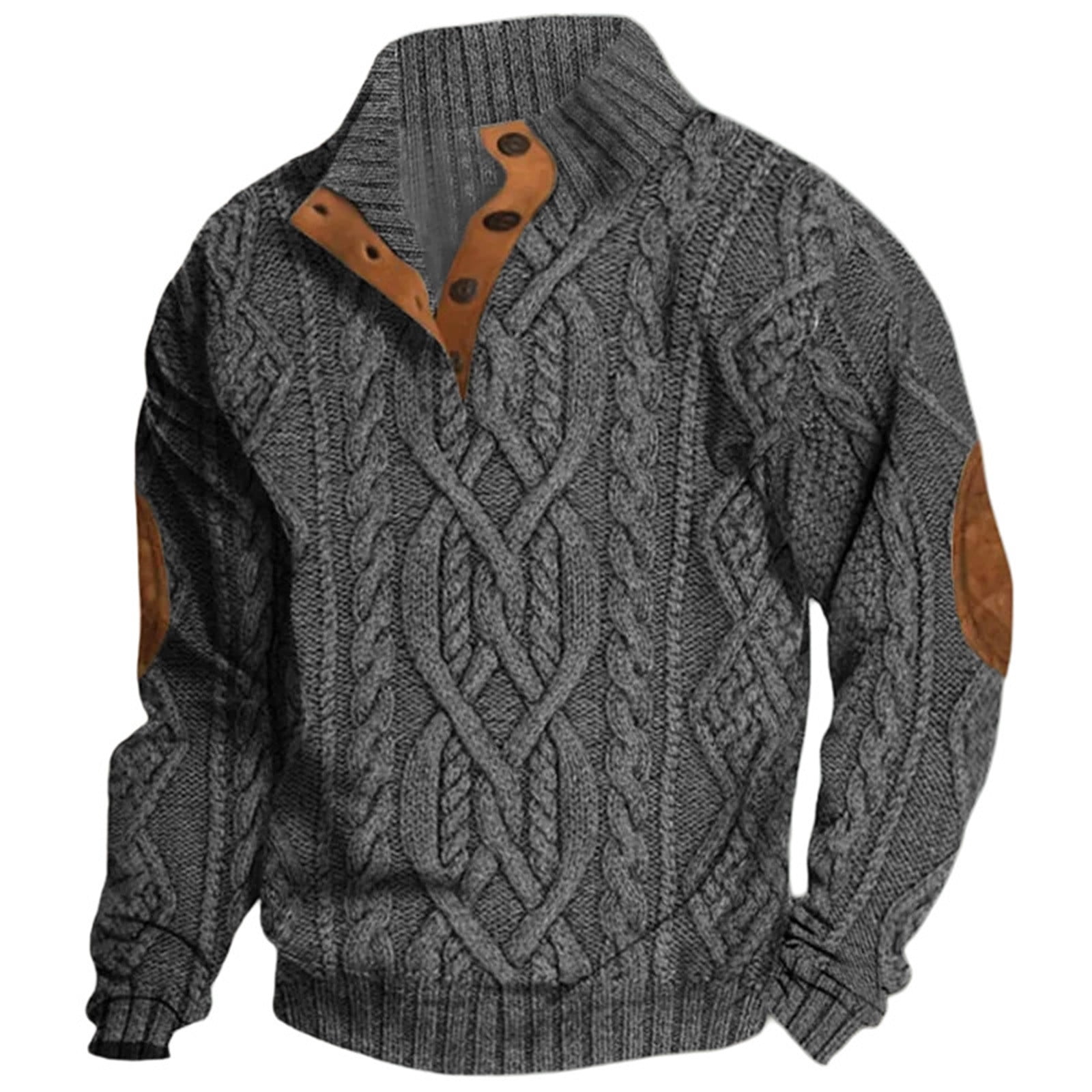 XIAONU Mens Cable Knit Sweater Long Sleeve Mock Neck Elbow Patch ...