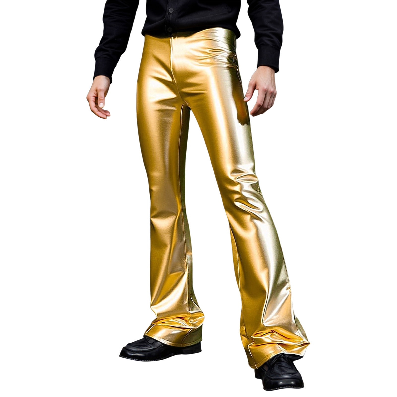 XIAONU Mens Metallic Flare Pants Shiny Disco Style Bell Bottom Trousers ...