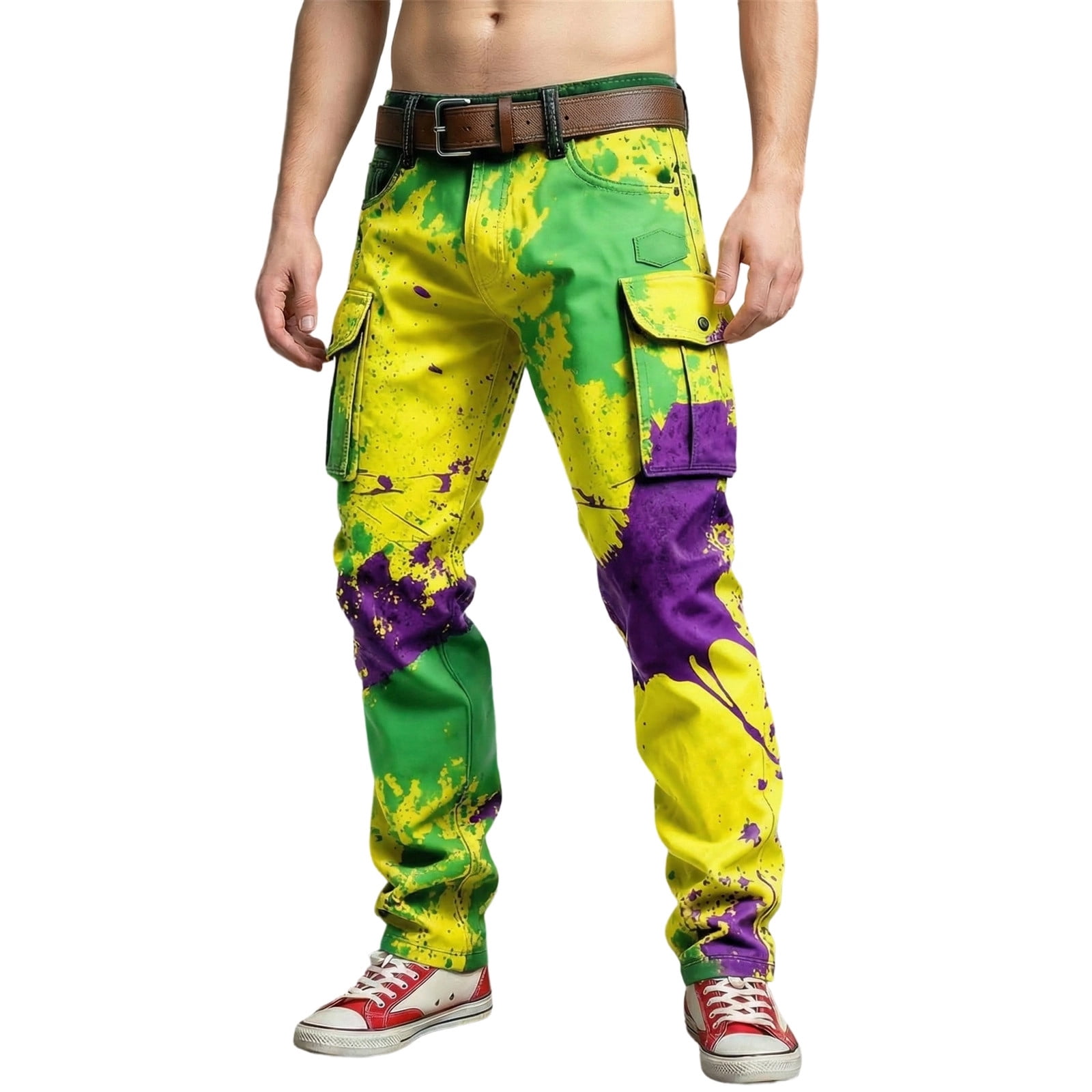 XIAONU Mens Paint Splatter Cargo Pants Slim Fit Full Length Belted ...