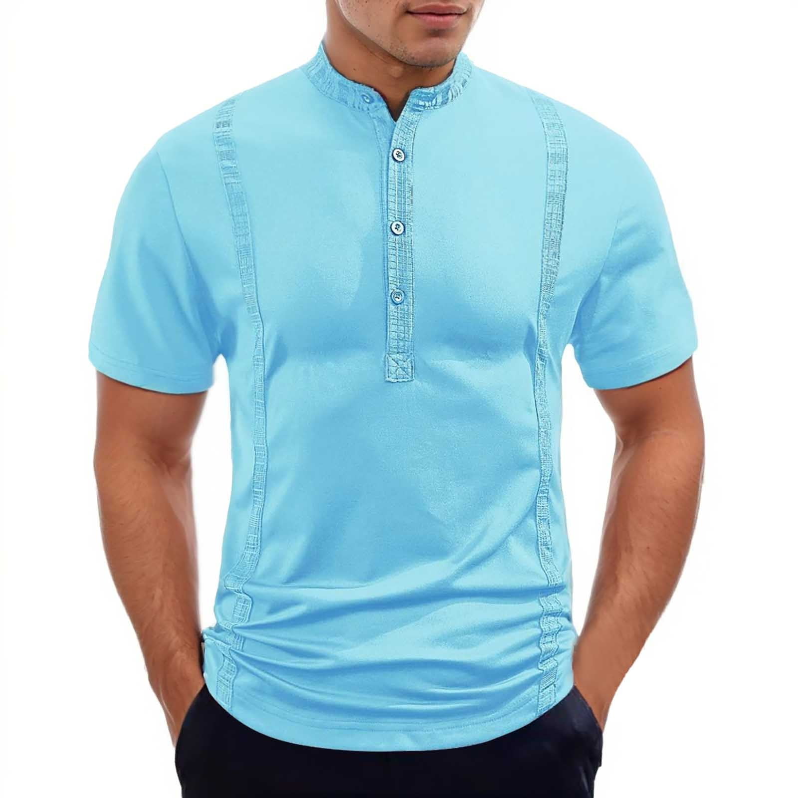 XIAONU Mens Short-Sleeve Mandarin Collar Blouse Embroidered Detail ...
