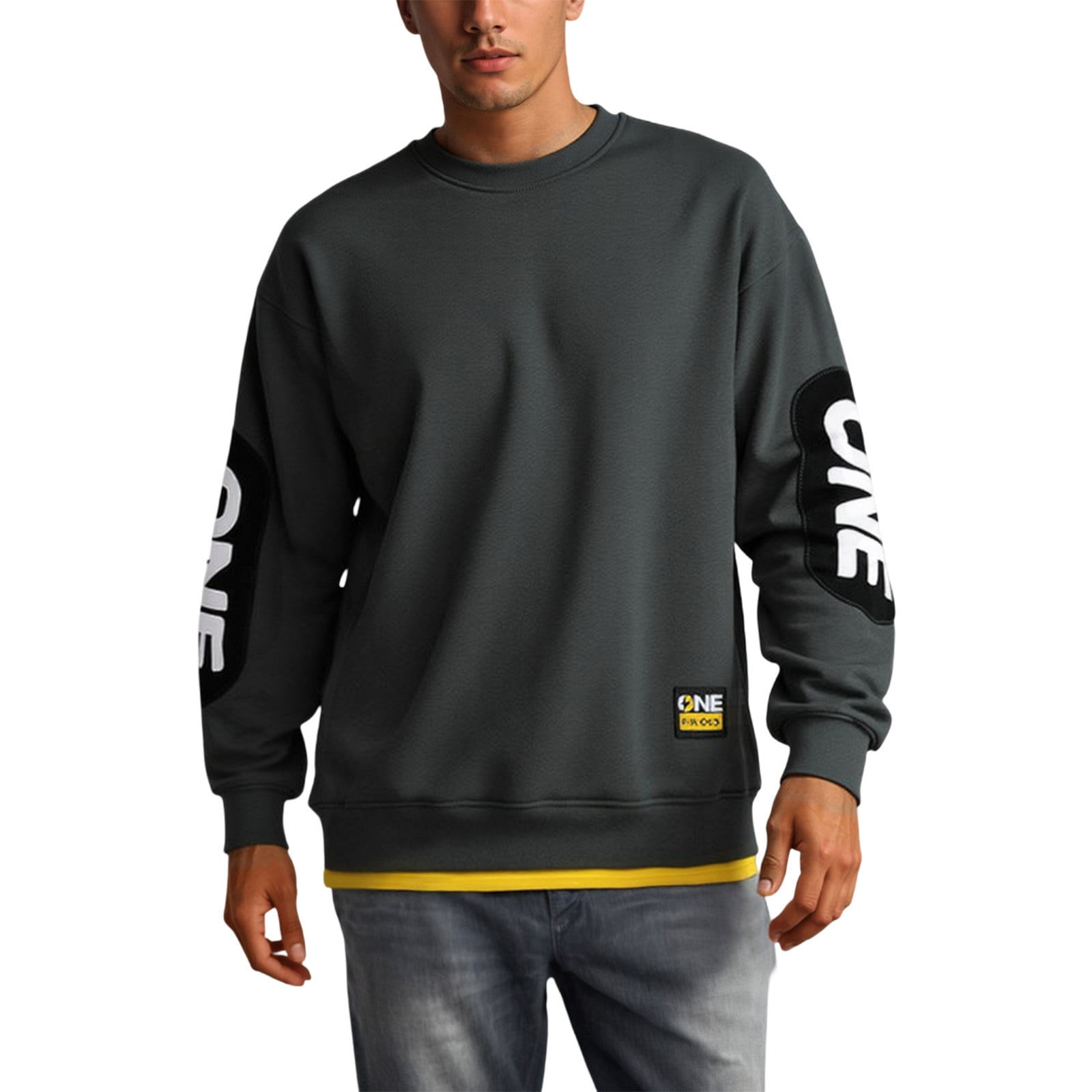 XIAONU Mens Sweatshirts False Two-Piece Round Neck Sweatshirt Arm ...