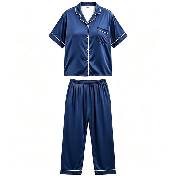 XIAONU Satin Silk Pajama Sets for Women Notch Collar Short Sleeve Top ...